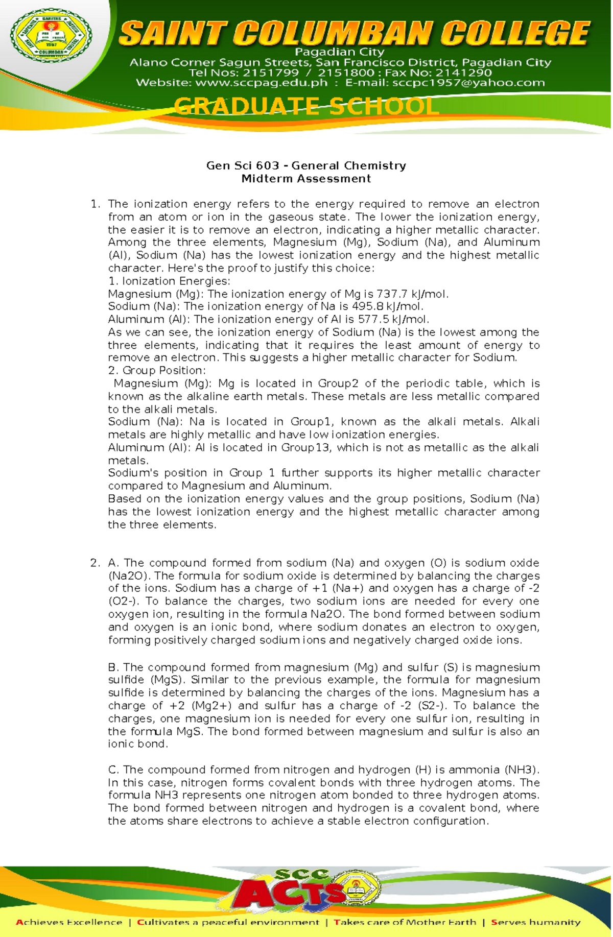 Midterm IN Chemistry - GRADUATE SCHOOL Gen Sci 603 - General Chemistry ...