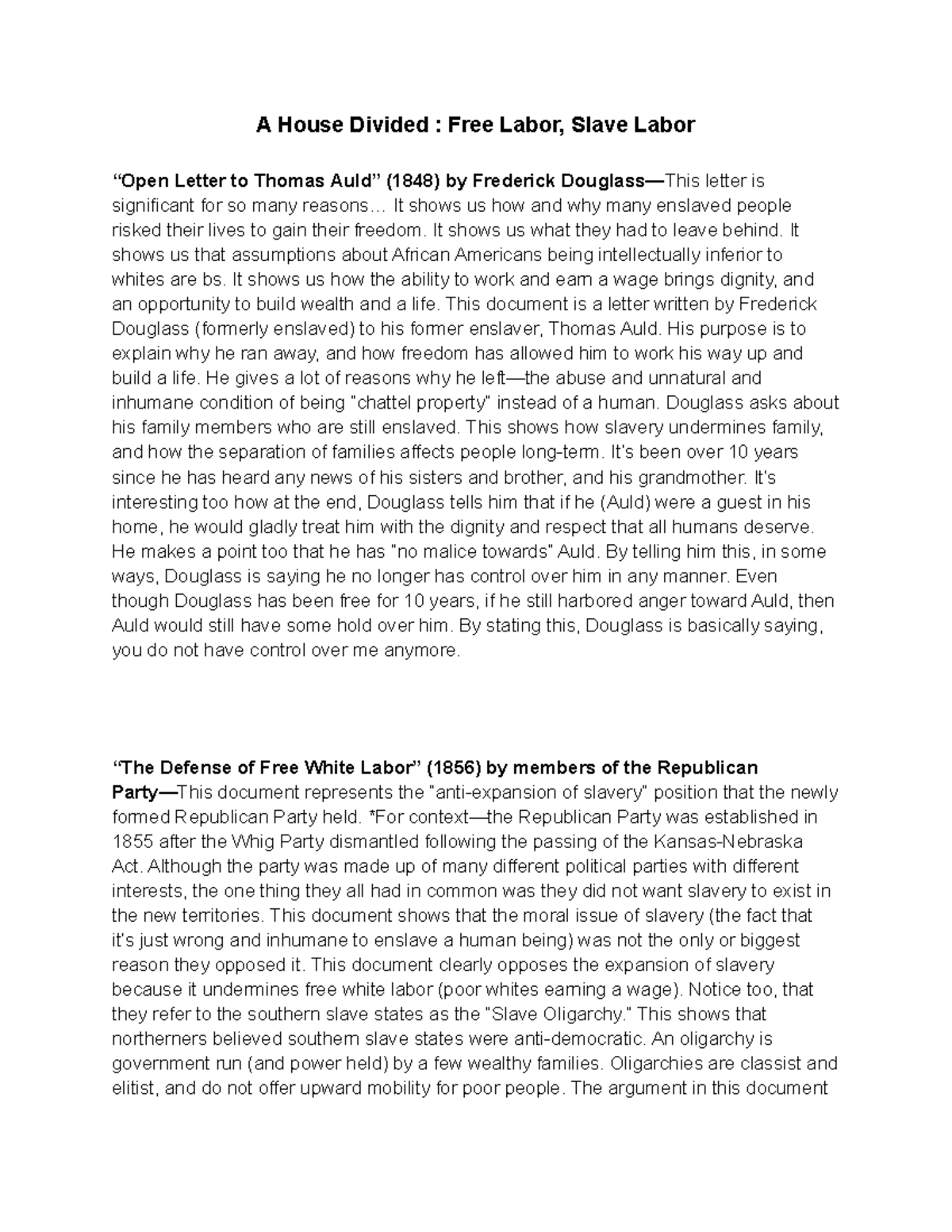 A House Divided Free Labor, Slave Labor - A House Divided : Free Labor ...