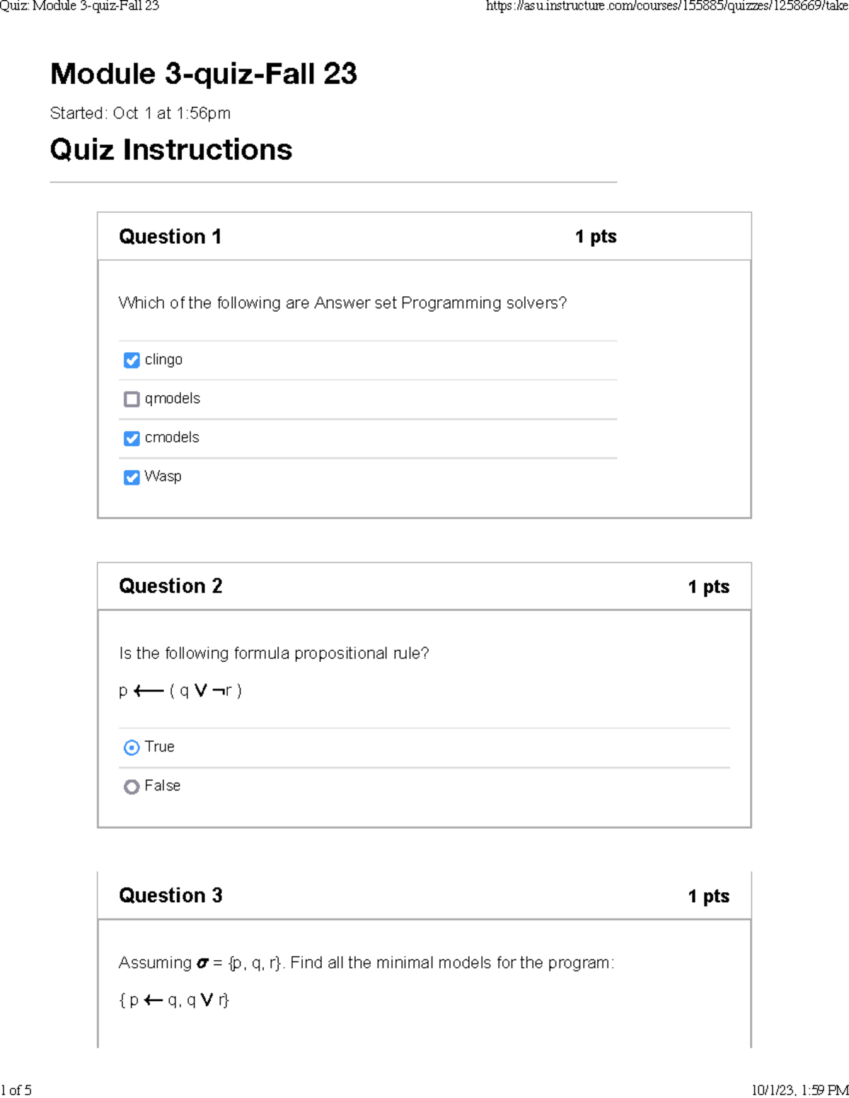 KRR-Quiz Module 3-quiz-Fall 23 - Module 3-quiz-Fall 23 Started: Oct 1 ...
