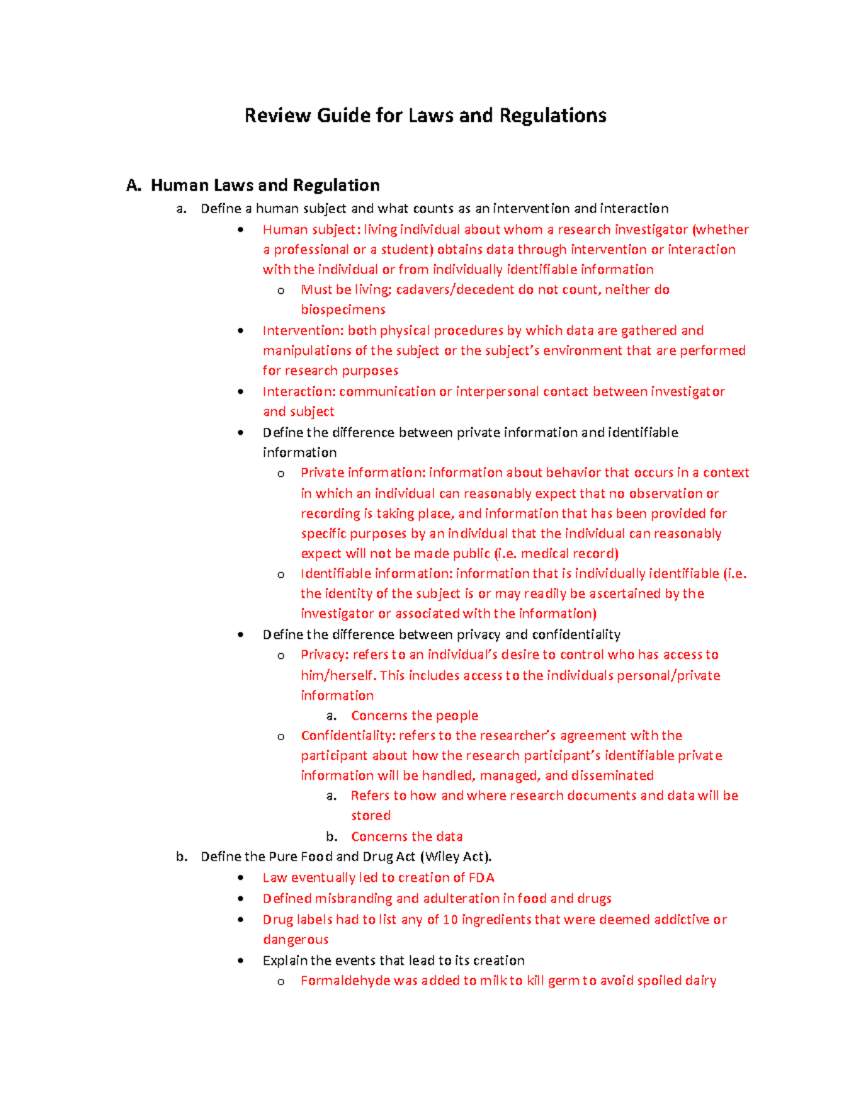 SCI495 Study Guide - Review Guide for Laws and Regulations A. Human ...