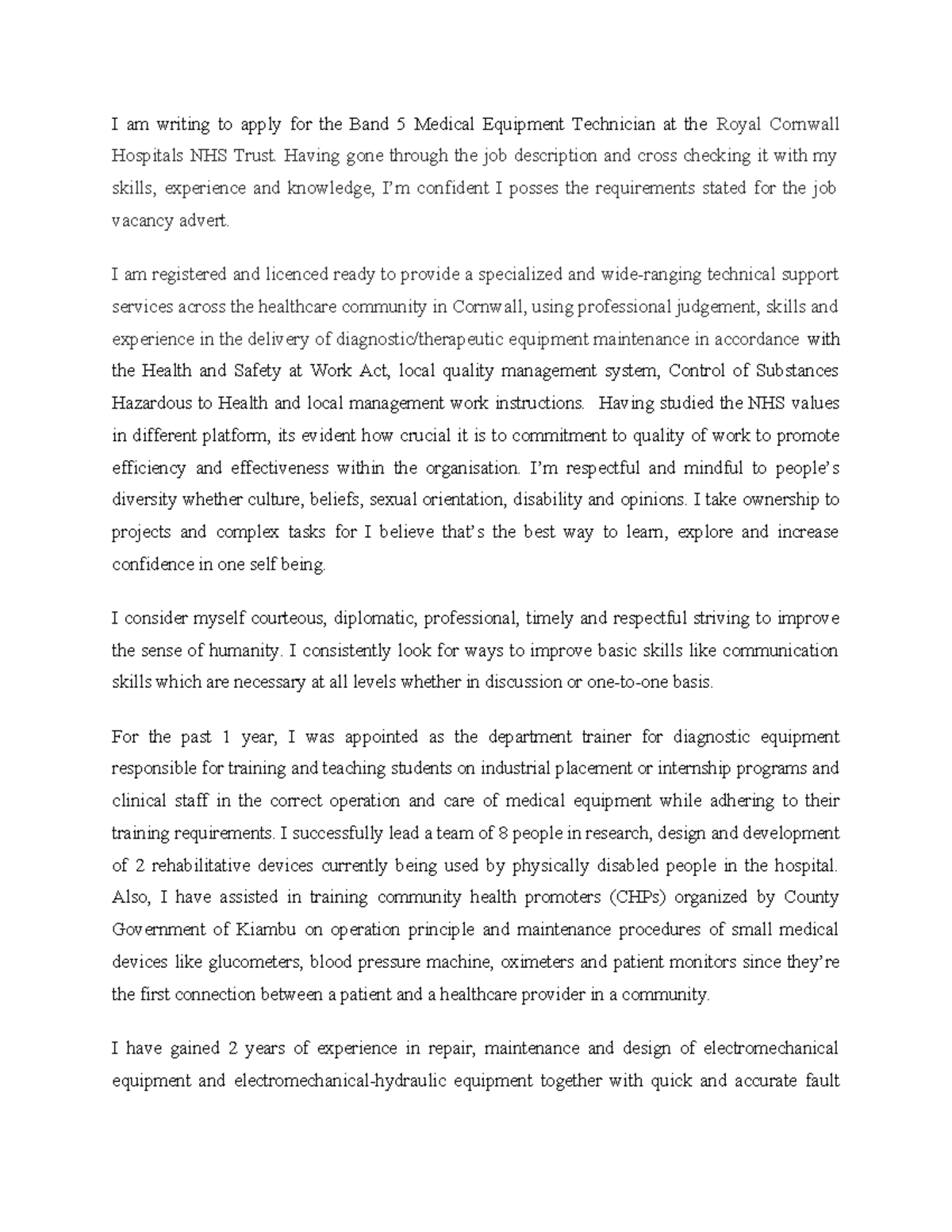 Support statement - n/a - I am writing to apply for the Band 5 Medical ...