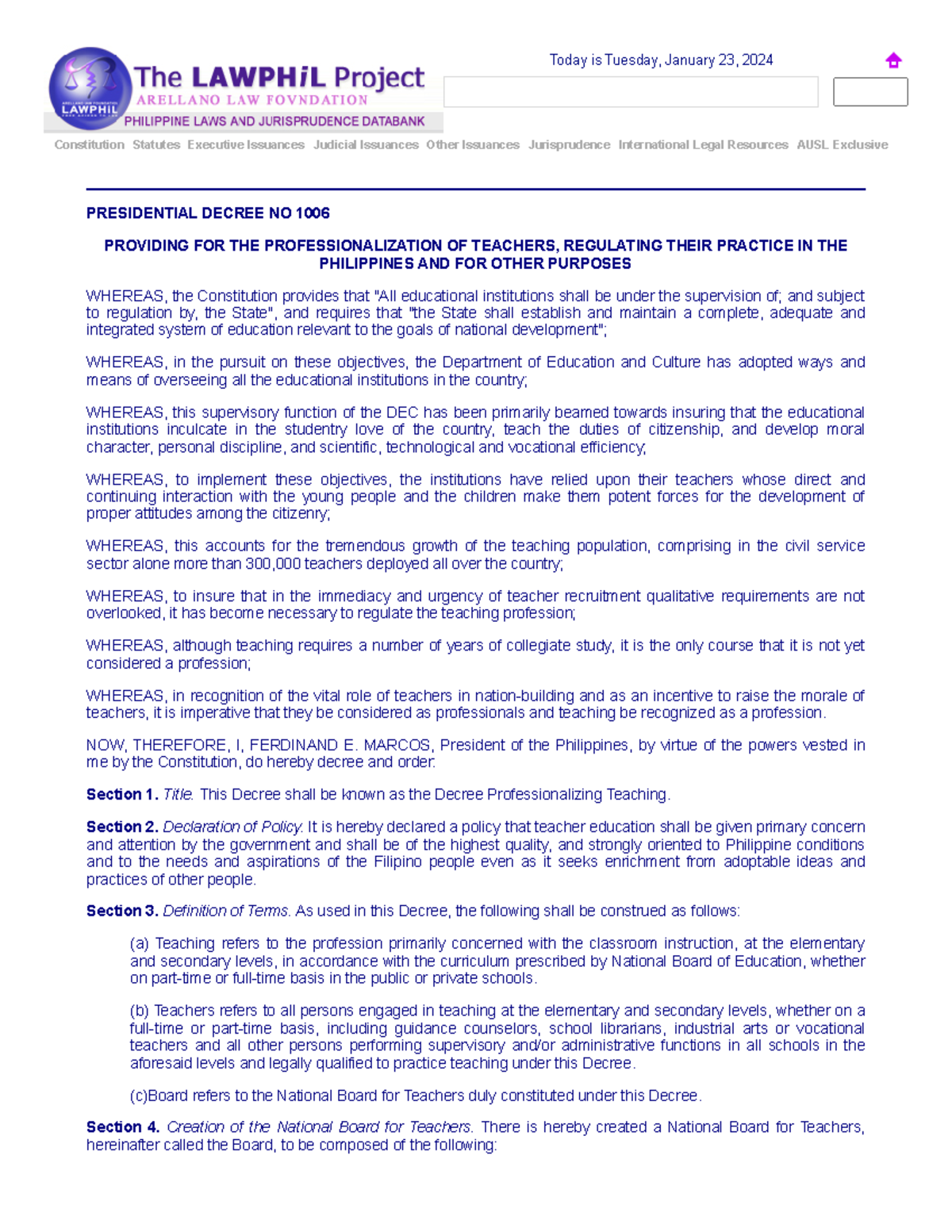 P.D. No. 1006 - Summary Labor Law I - Constitution Statutes Executive ...