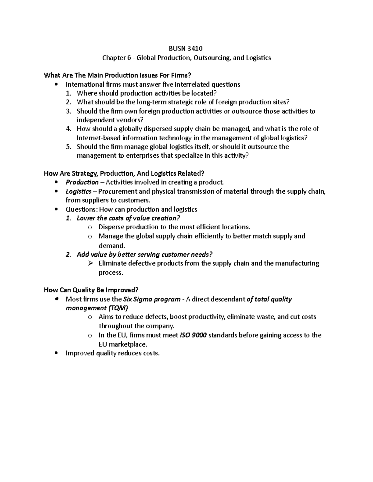 BUSN 3410 Chapter 6 Lecture Notes - BUSN 3410 Chapter 6 Global ...