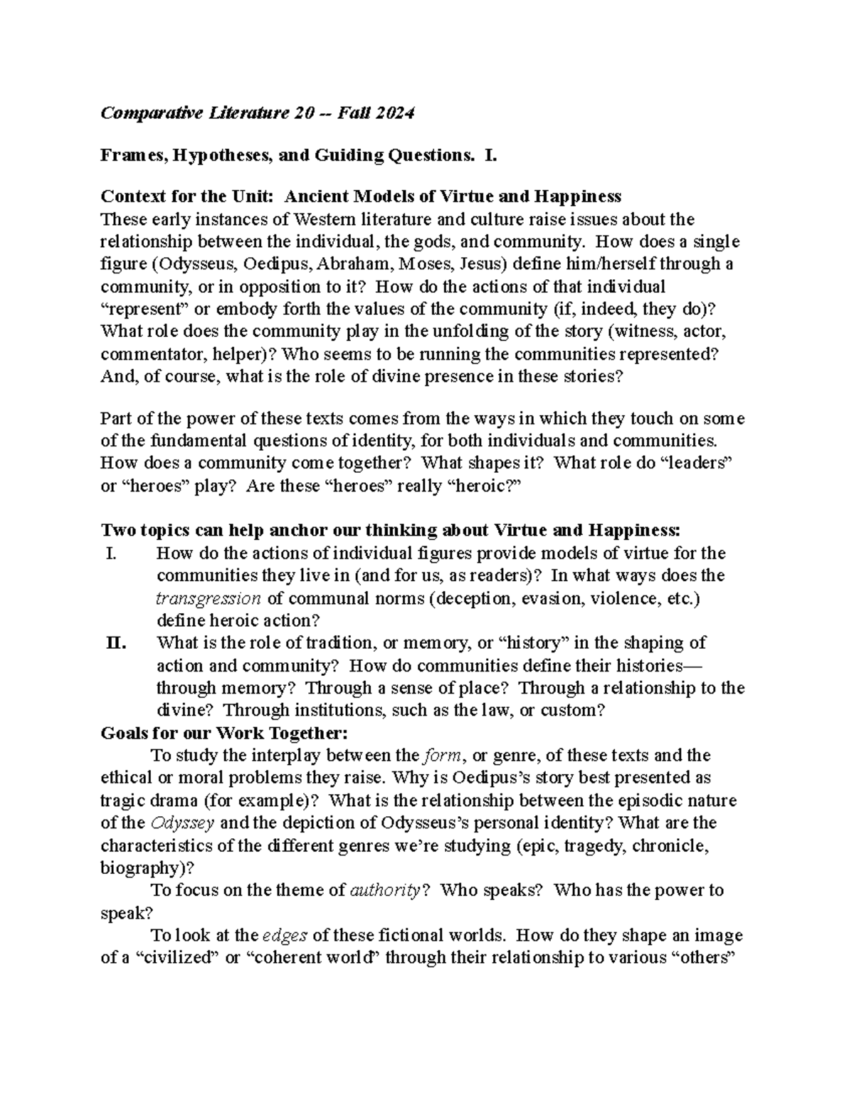 Comparative Literature 20 Work Plan 1 - Comparative Literature 20 ...