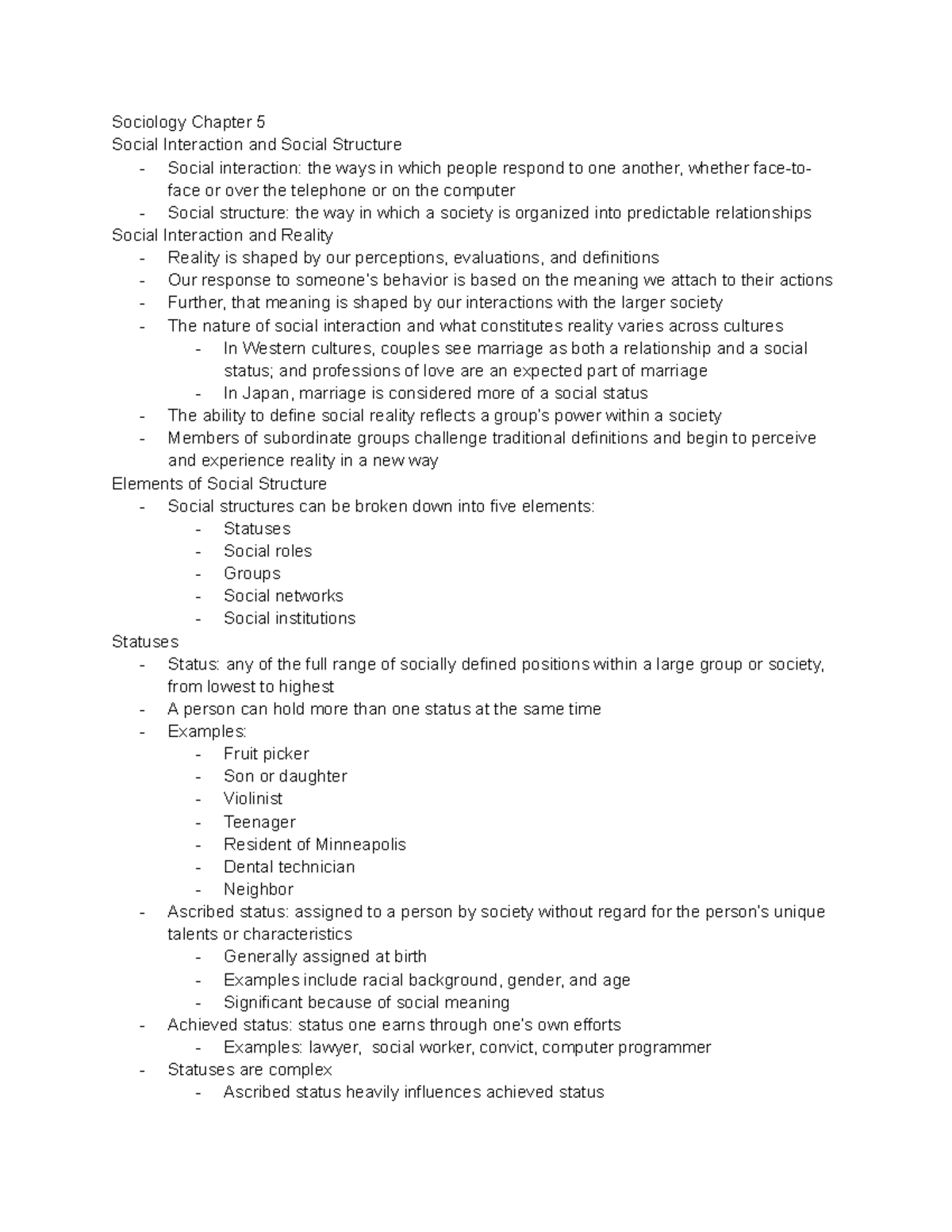 Sociology Chapter 5 - Studocu