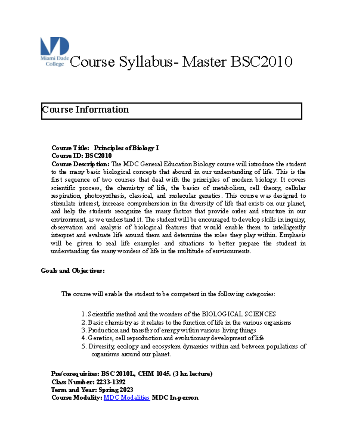 BSC2010 Master Syllabus -16 week V1 Wolfson Enrique Salero - Course Syllabus- Master BSC 2010 ...