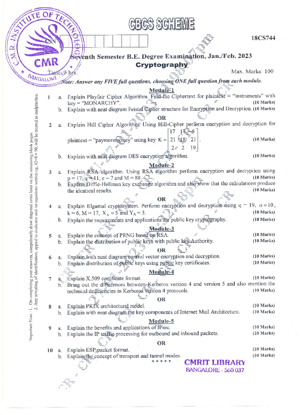VTU Question Paper of 18CS744 Cryptography Jan-Feb-2023 - OF GEORGIA CBCS SCHEME 18CS744 USN ...