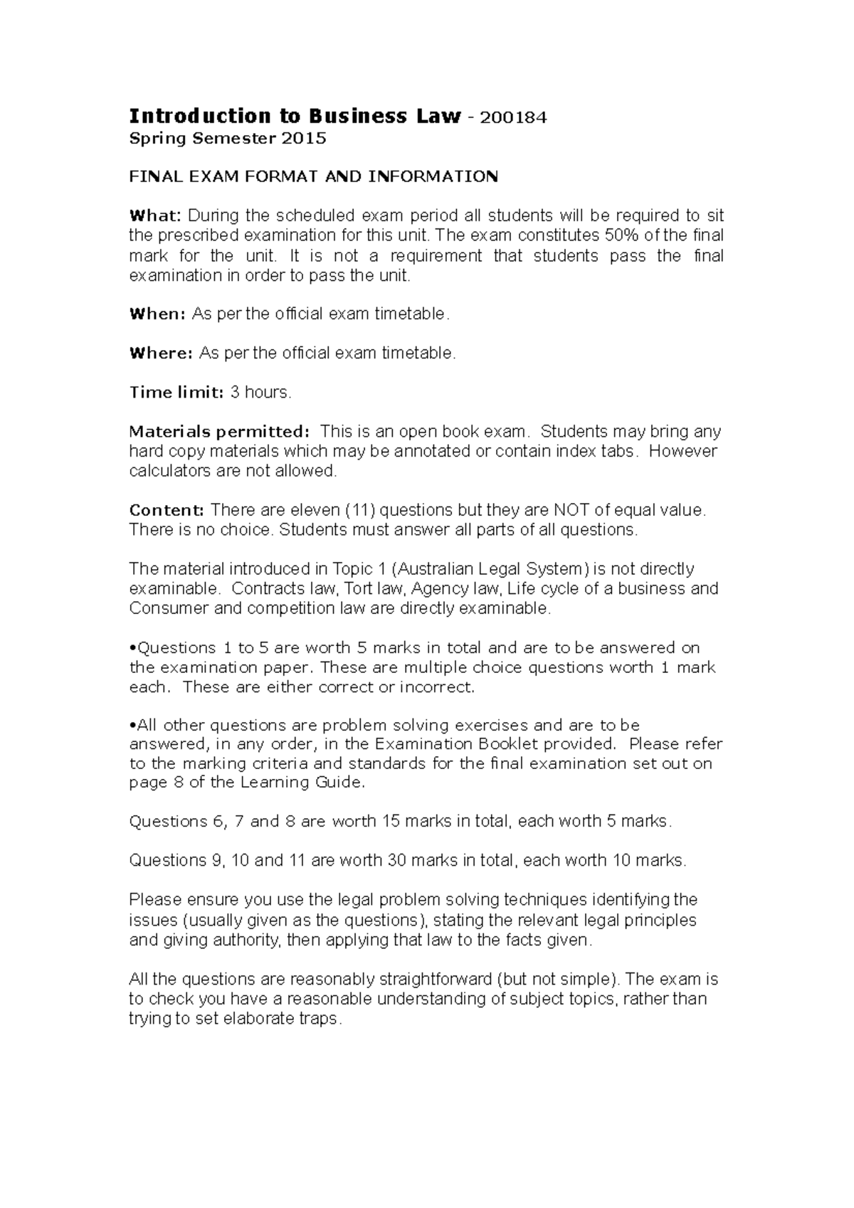 Introduction to Business Law Spring 2015 Final Exam Information By ...