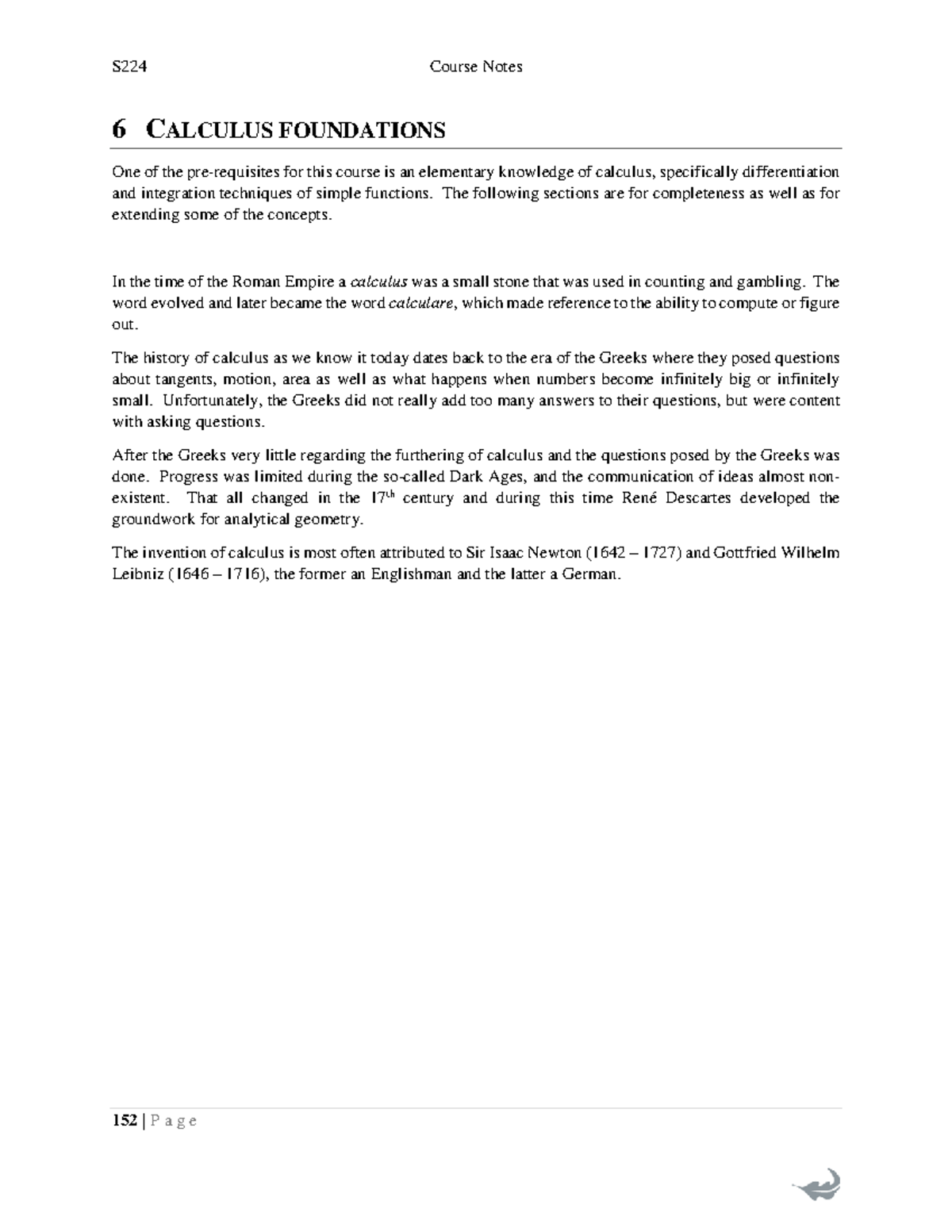 Chapter 6 Statistsics Course Notes 6 Calculus Foundations One Of