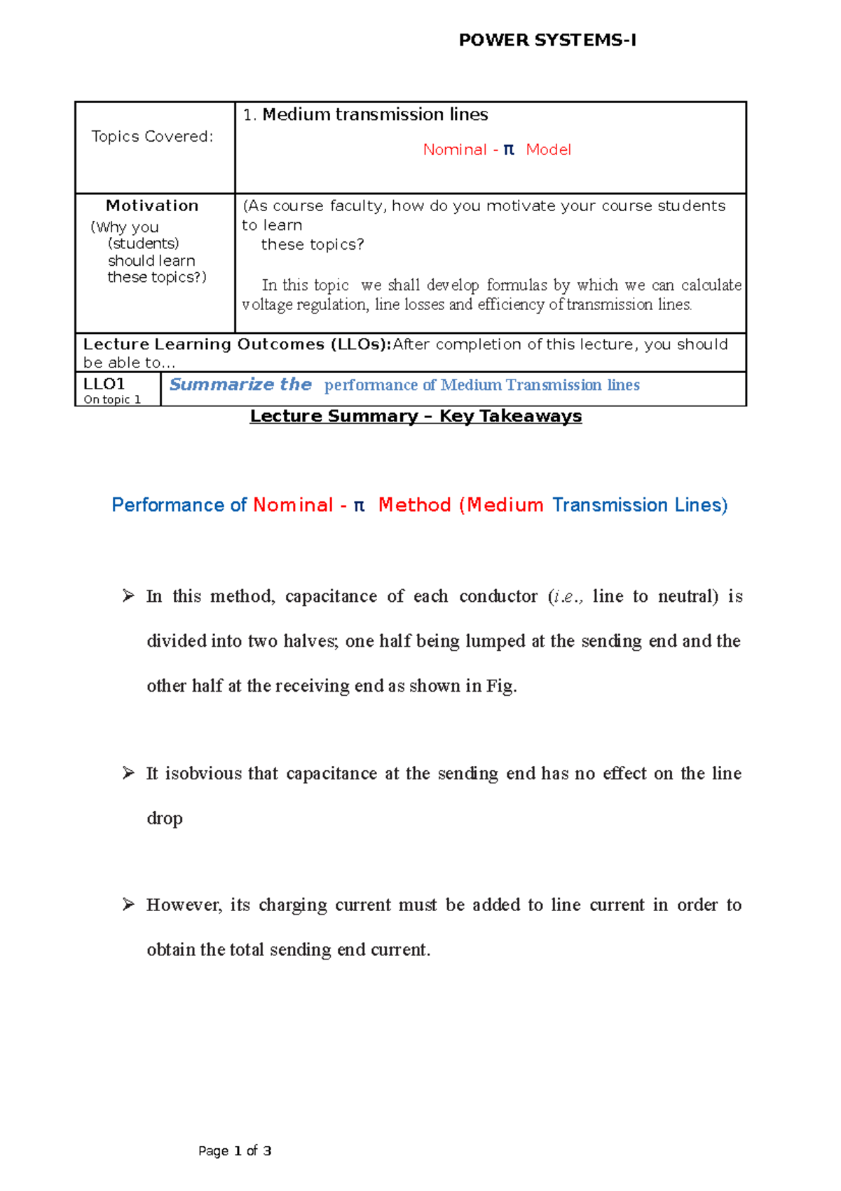 Nominal - π Model - POWER SYSTEMS-I Topics Covered: 1. Medium ...