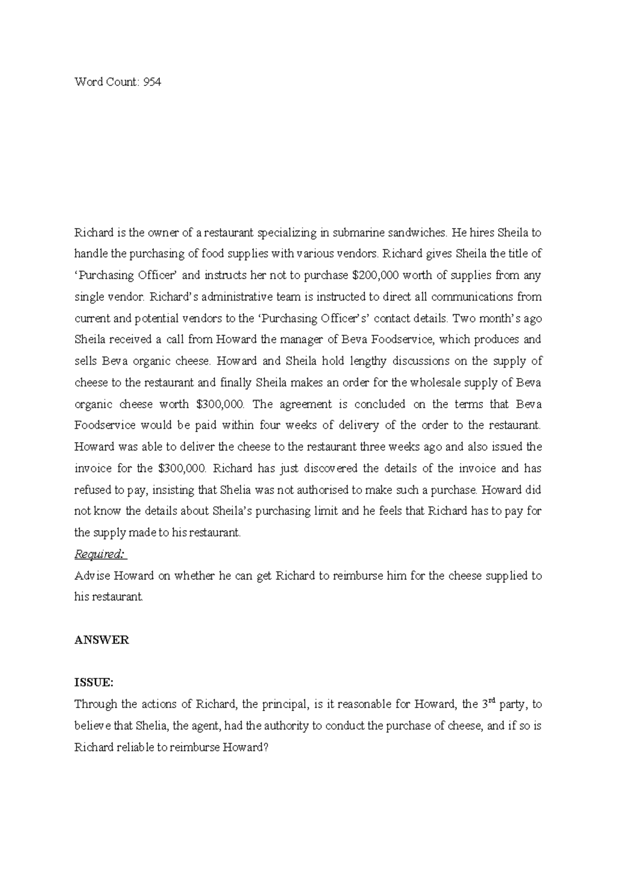 BSL165 Assignment 2 - Word Count: 954 Richard is the owner of a restaurant specializing in ...