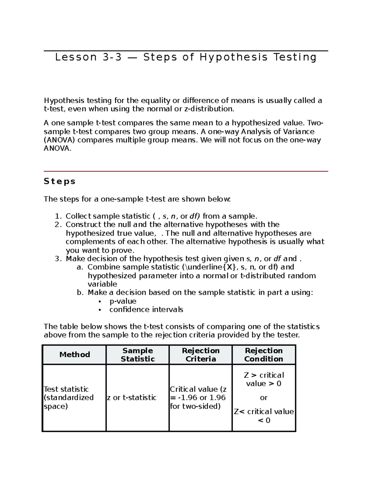 Lesson 3-2 - Introduction to Hypothesis Testing - L e s s o n 3 - 3 — S ...