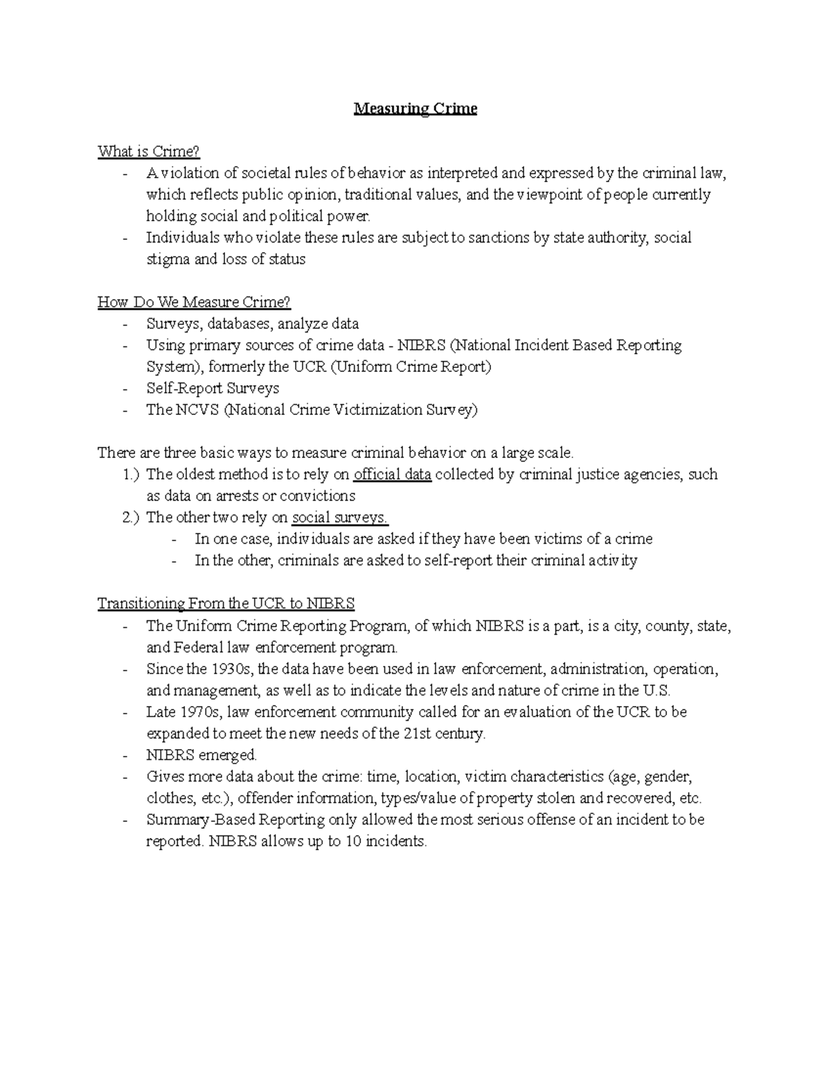 Criminology Part 1 Notes - Measuring Crime What is Crime? - A violation ...