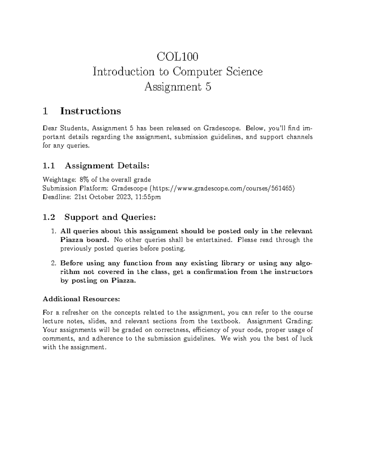 COL 100 Assignment 5 - COL Introduction to Computer Science Assignment 5 1 Instructions Dear ...