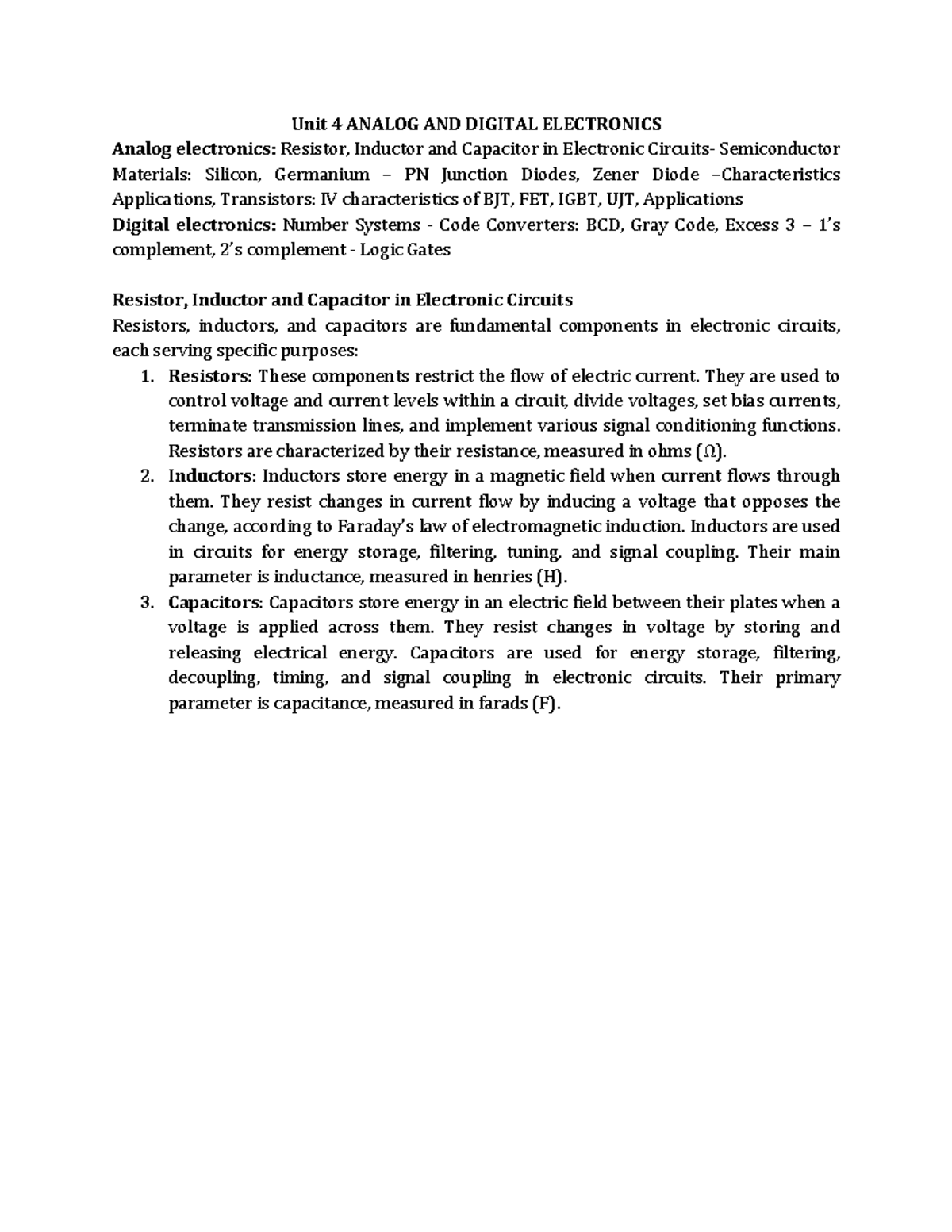 Unit 4 Analog and Digital Electronics - Unit 4 ANALOG AND DIGITAL ELECTRONICS Analog electronics ...