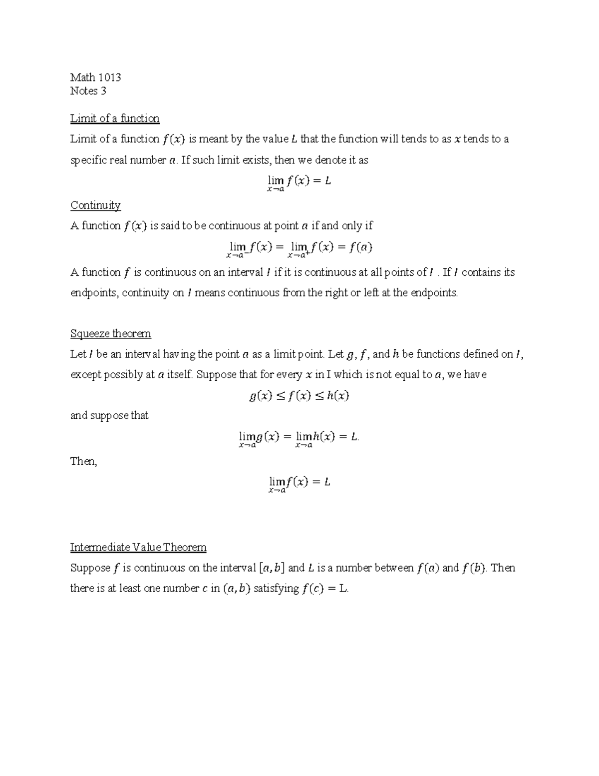 Math 1012 3 Notes 3 H - Math 1013 Notes 3 Limit of a function Limit of ...