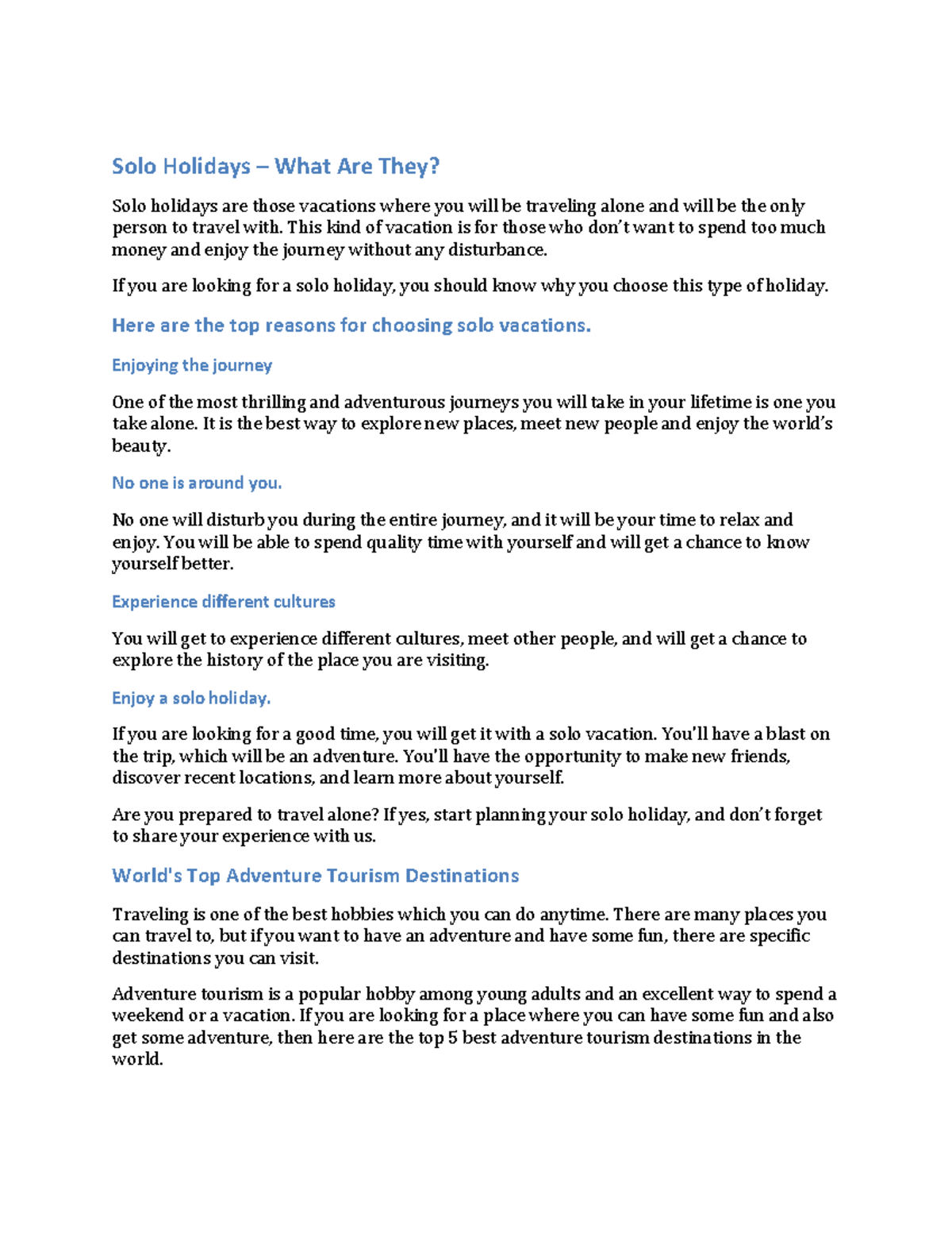 Solo Holidays – What Are They Article sample 5 - Solo Holidays – What ...