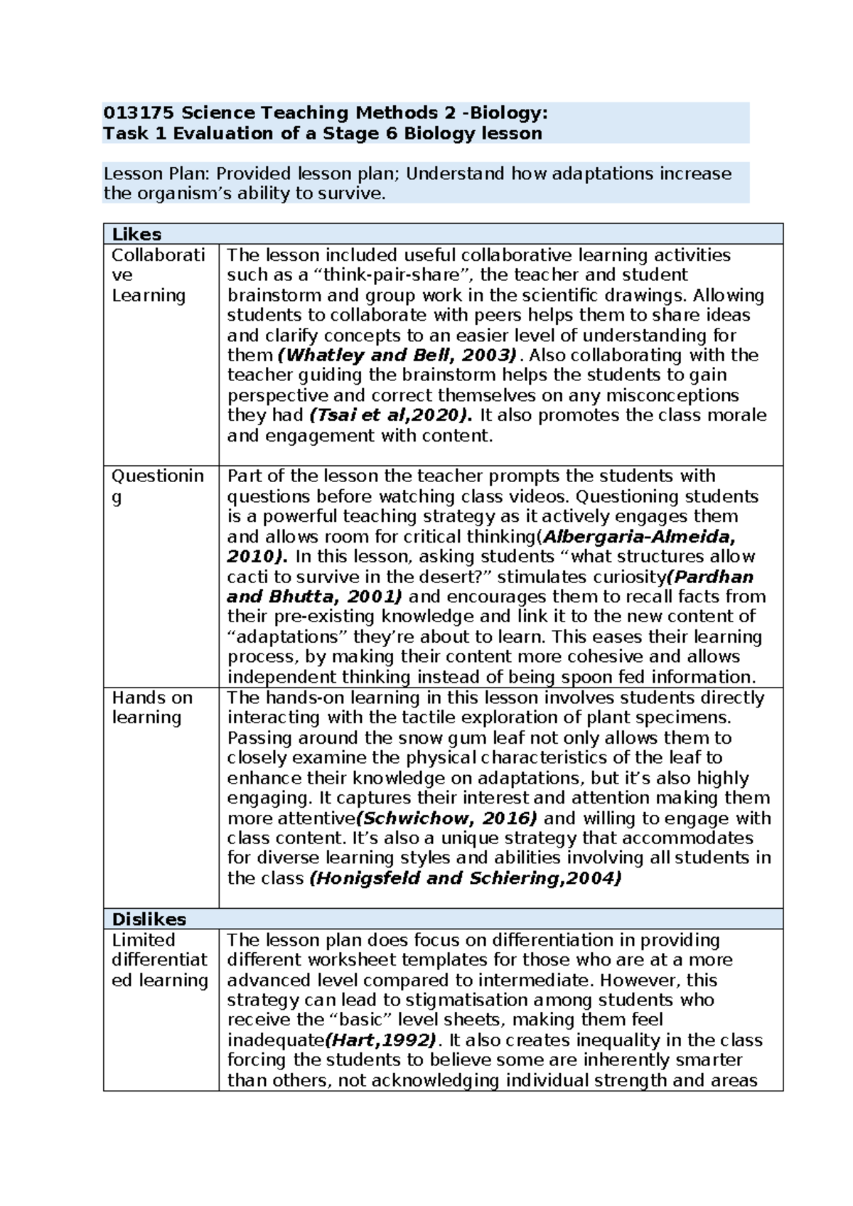 Assesment 1 - 013175 Science Teaching Methods 2 -Biology: Task 1 ...