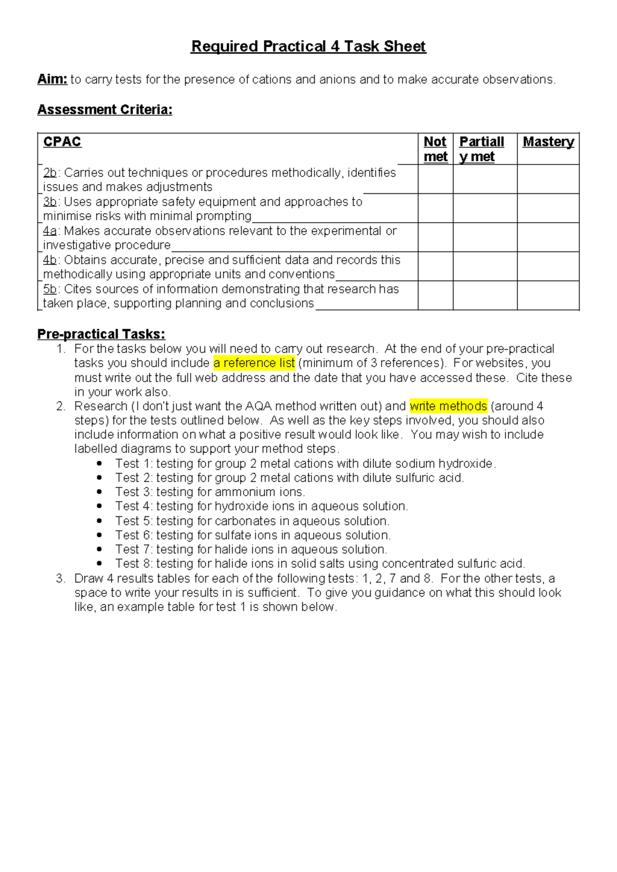 RP4 Ion test - Rp4 practical methid - Required Practical 4 Task Sheet ...