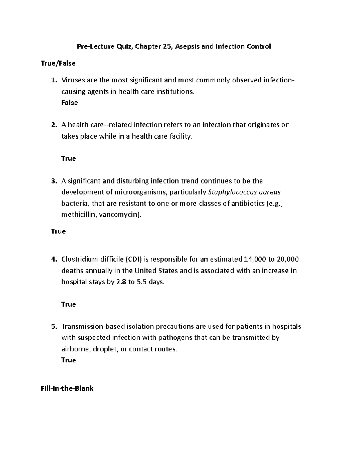 PLQ Chapter 25 completed - Pre-Lecture Quiz, Chapter 25, Asepsis and ...