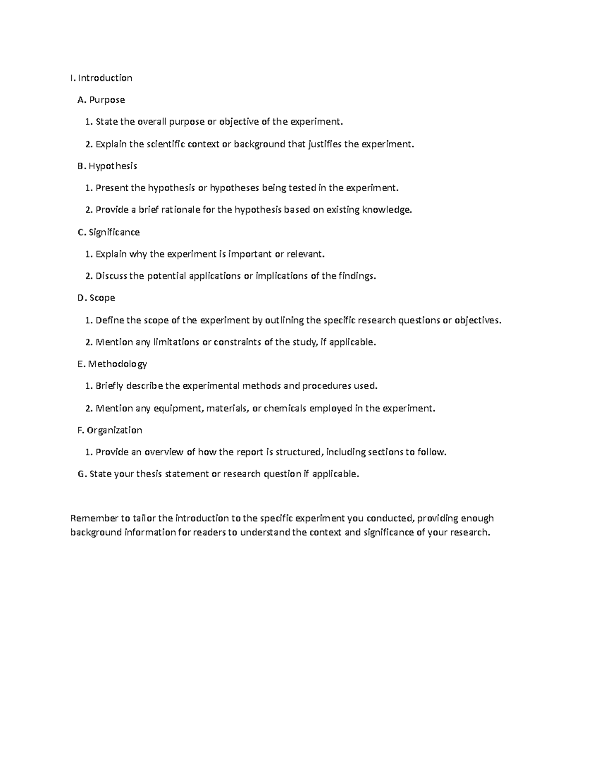 Lab Report Outline I Introduction A Purpose 1 State The Overall