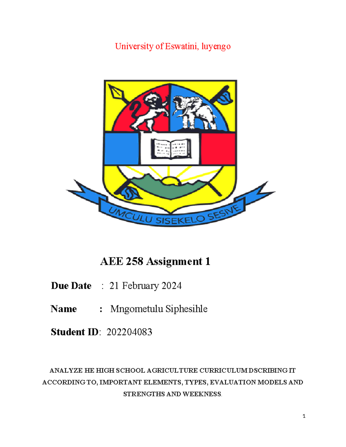 AEE Assignment Mngometulu Siphesihle 202204083 - University of Eswatini, luyengo AEE 258 ...