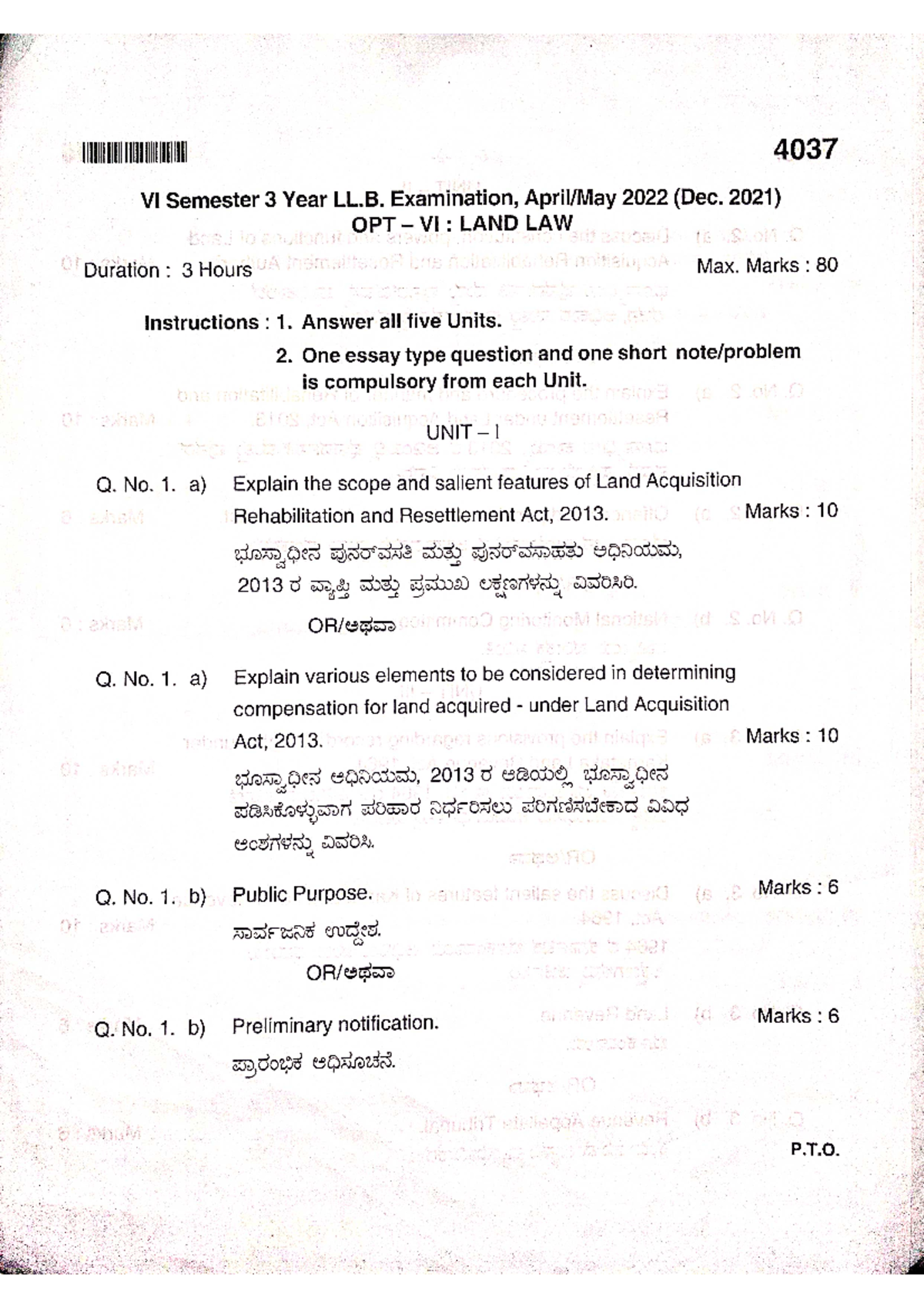 LAND LAW -VI - Privious question paper - Llb 3 years - Studocu