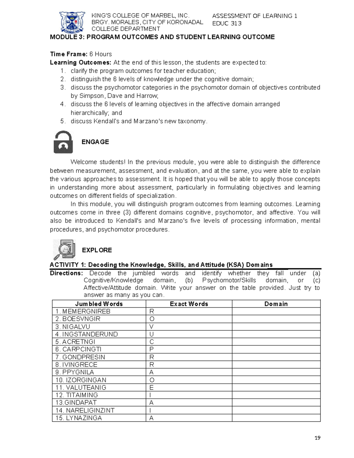 Module 3 - For college students - ASSESSMENT OF LEARNING 1 EDUC 313 ...