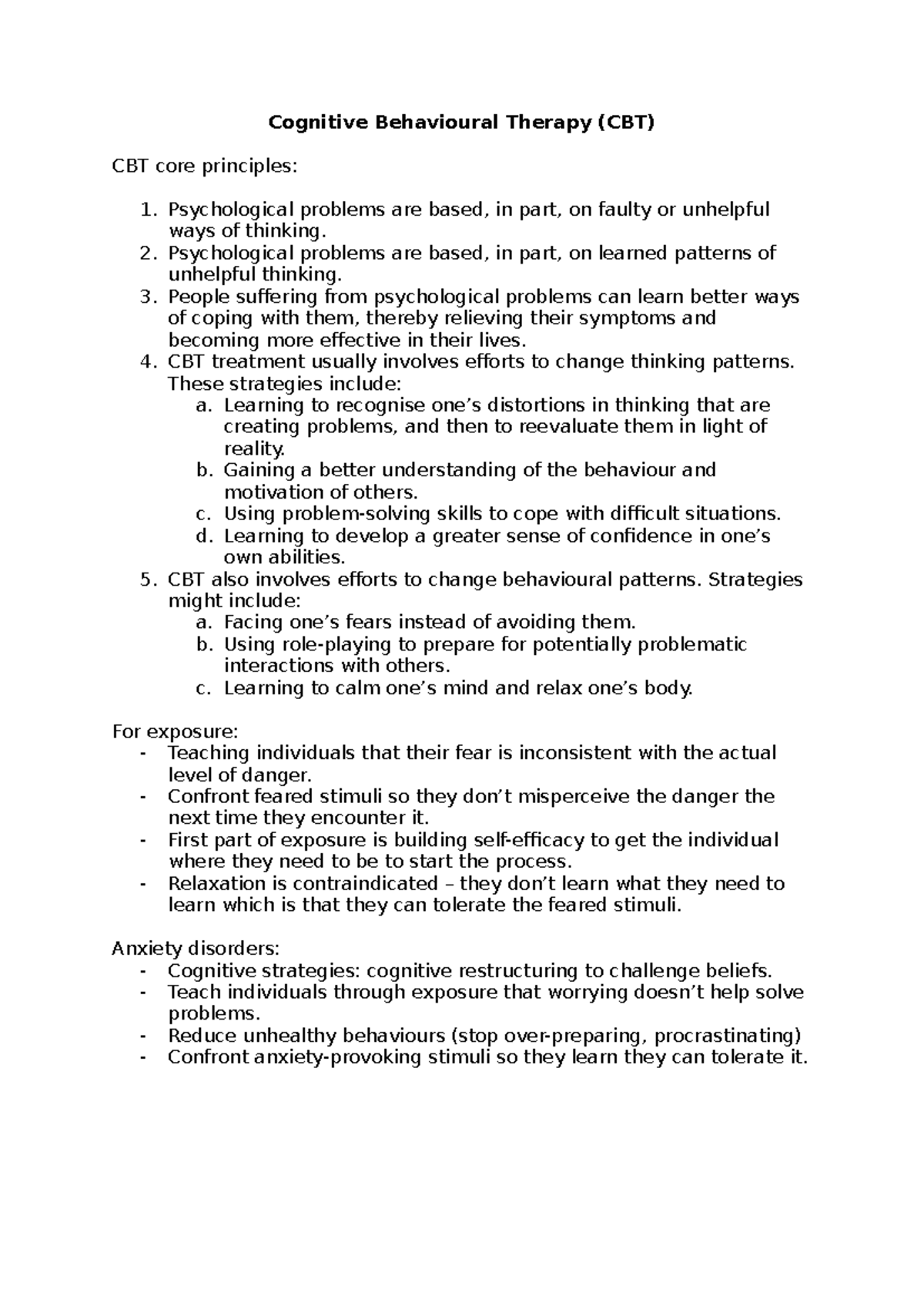 Psychological Treatments - Cognitive Behavioural Therapy (CBT) CBT core ...