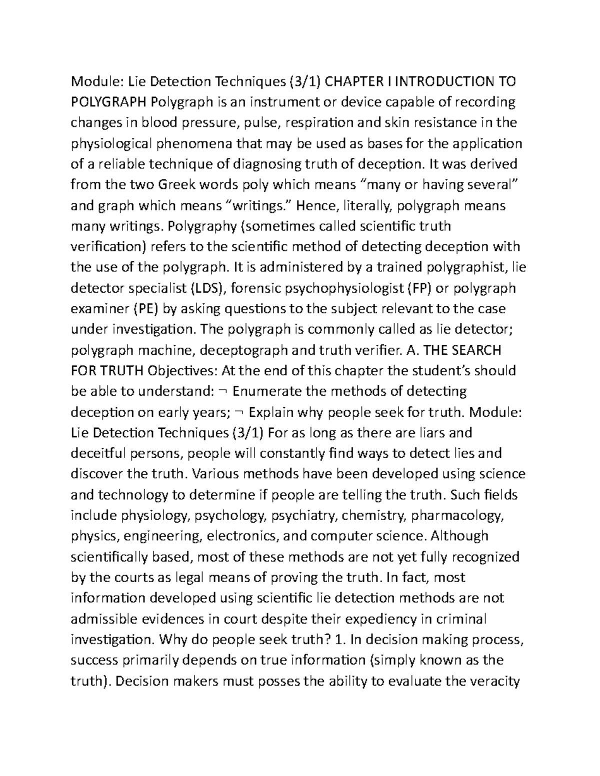 Forensincssszxczxczc - Module: Lie Detection Techniques (3/1) CHAPTER I INTRODUCTION TO ...