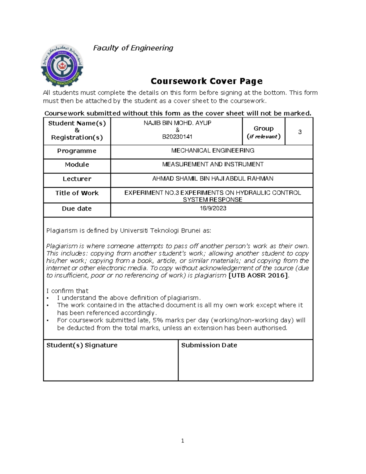 Report LAB 3 - Najib AYUP B20230141 - Faculty of Engineering Coursework ...