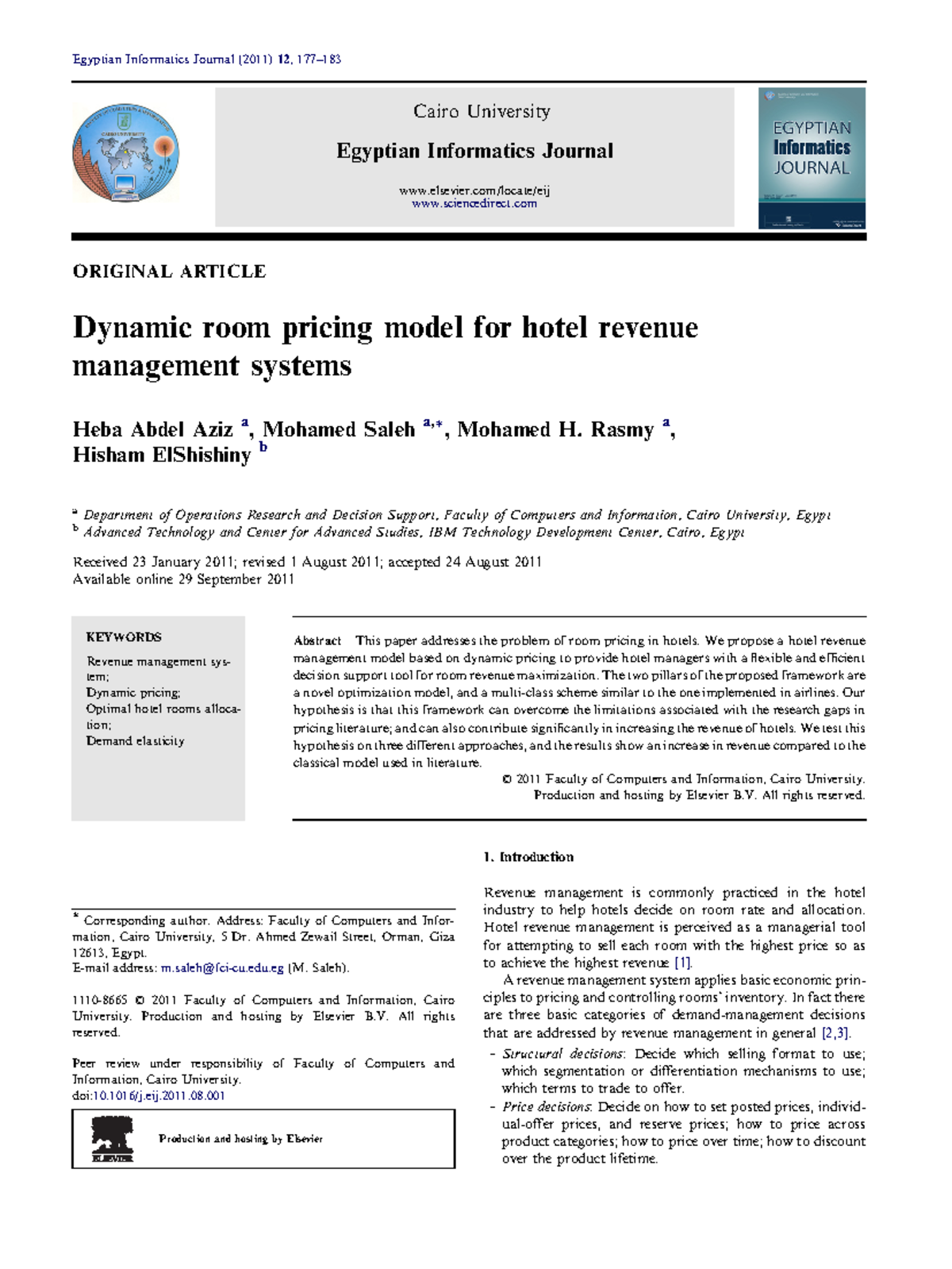 Dynamic room pricing model for hotel revenue management systems ...