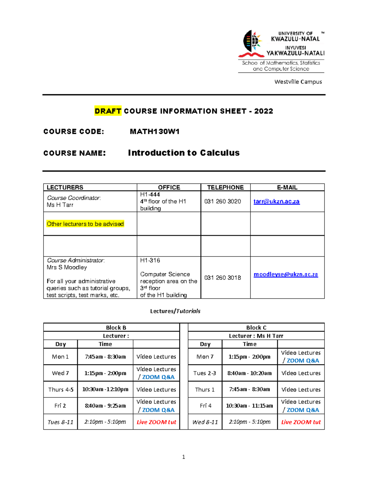MATH130 W1 2022 Draft Course Information Sheet - DRAFT COURSE ...