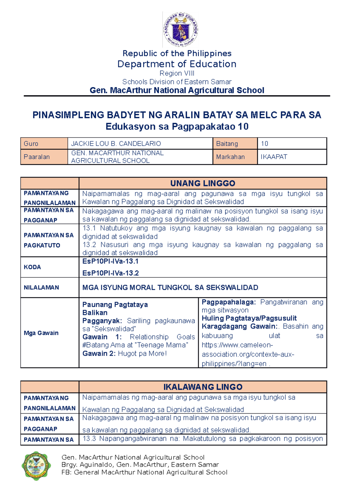 ESP 10-BOL-Quarter 4 - Budget of Lesson in ESP 10 Quarer 4 - Republic ...
