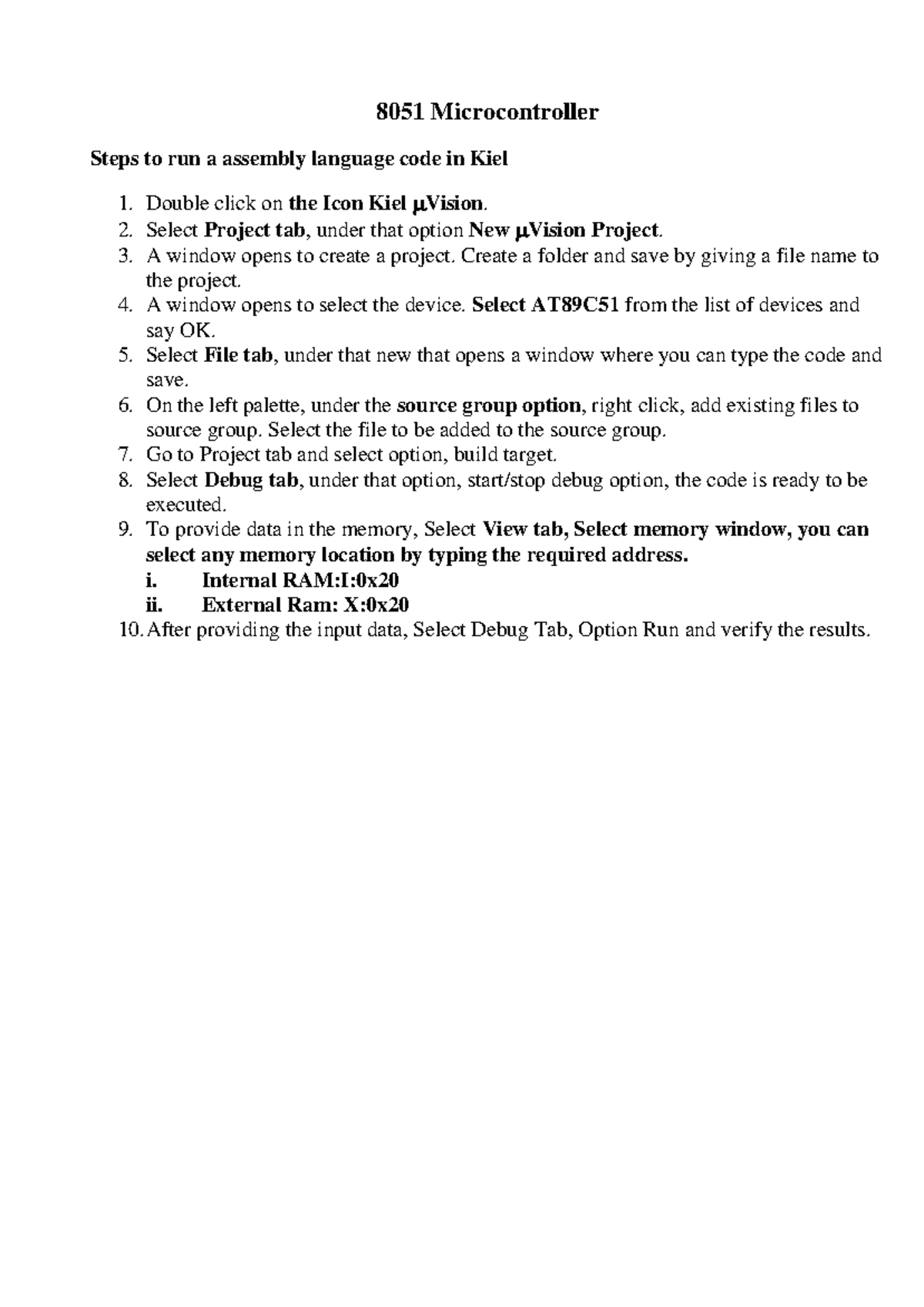 Microcontroller Lab Manual - 8051 Microcontroller Steps to run a assembly language code in Kiel ...