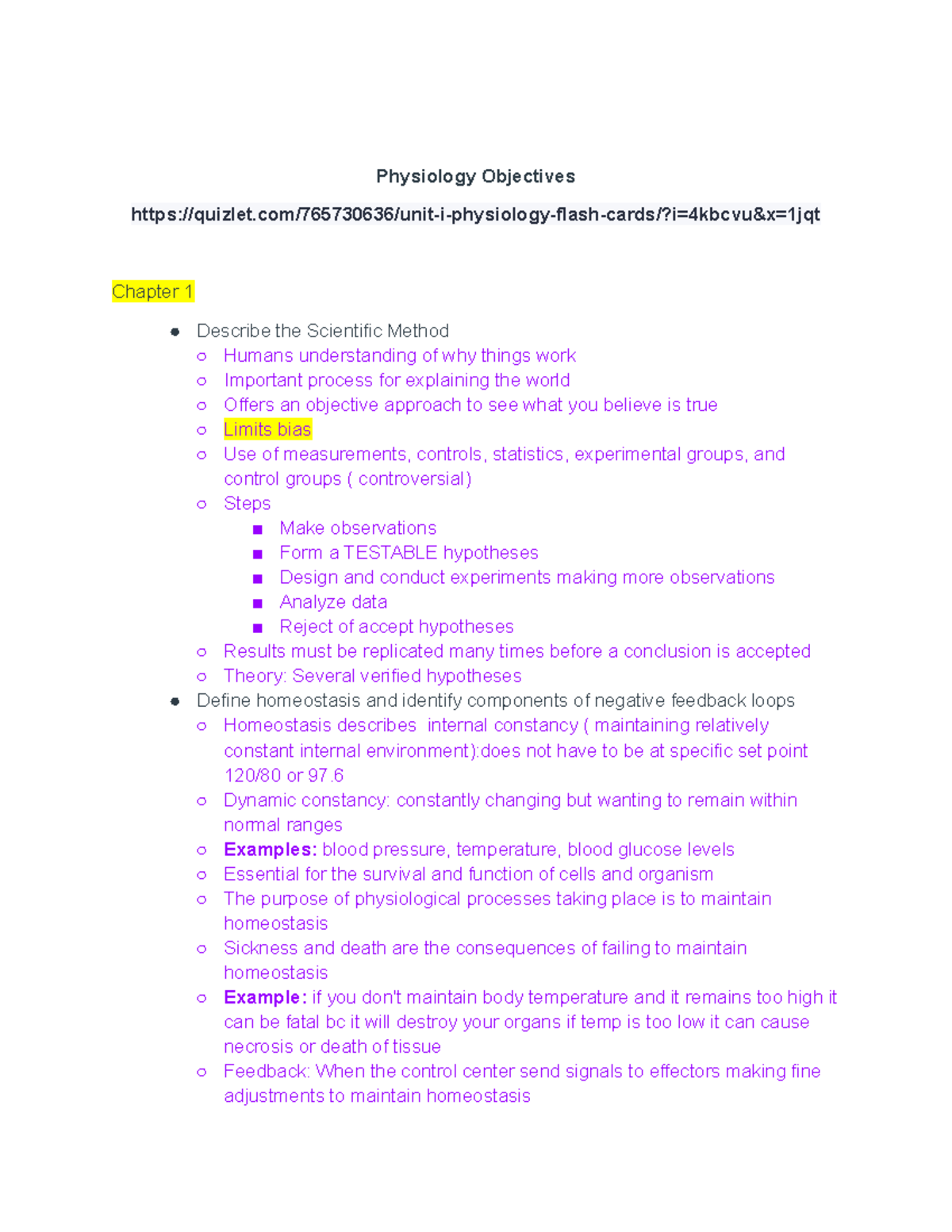 Physiology Objectives Exam 1 - Physiology Objectives - Studocu