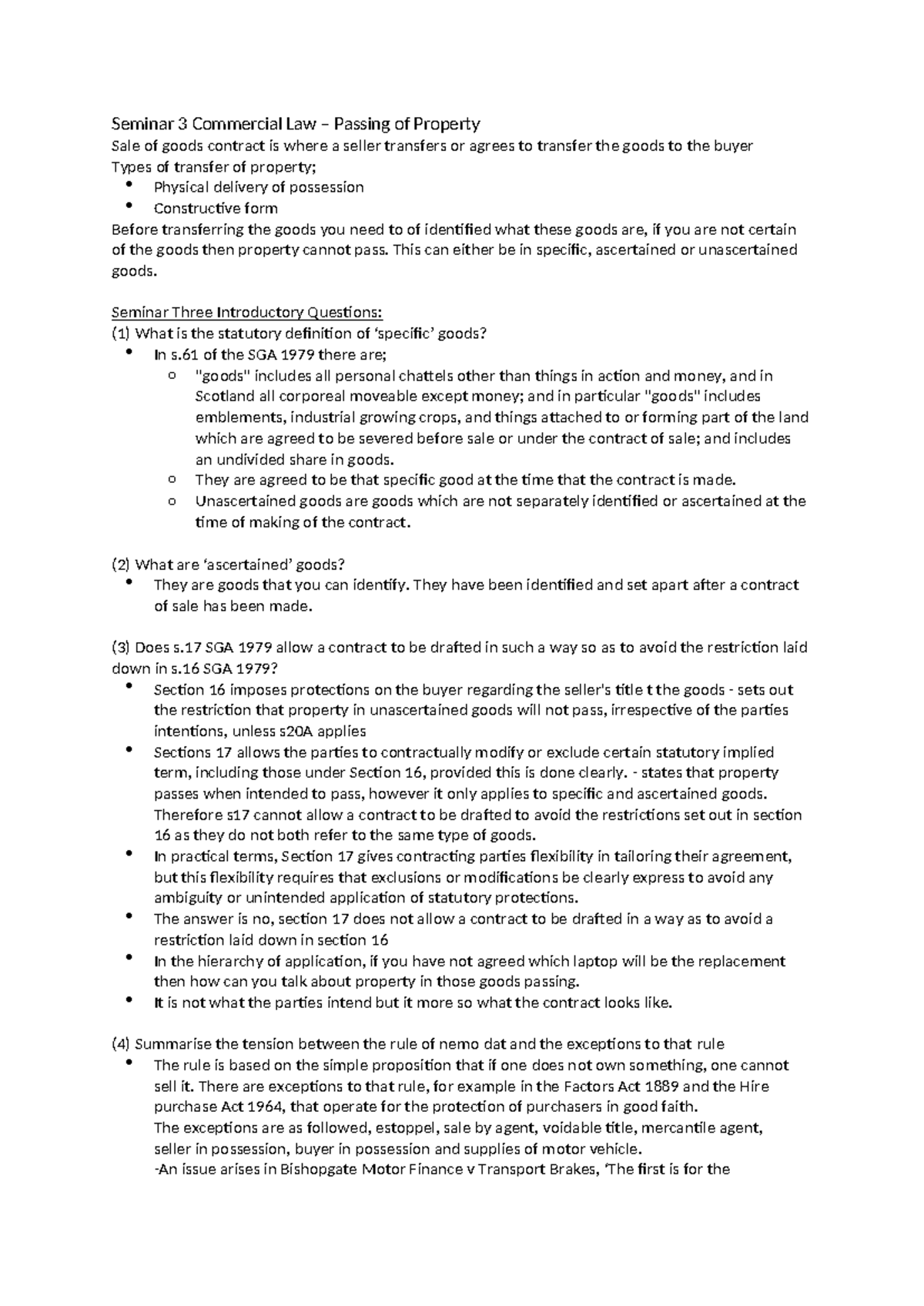 Seminar 3 Commercial Law - This can either be in specific, ascertained ...