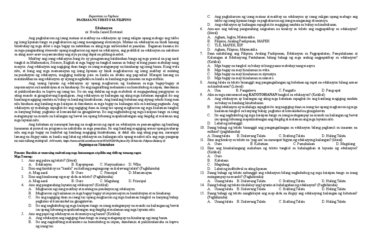 Pagbasa-Filipino - Reading - Kagamitan sa Pagbasa PAGBASA NG TEKSTO SA ...