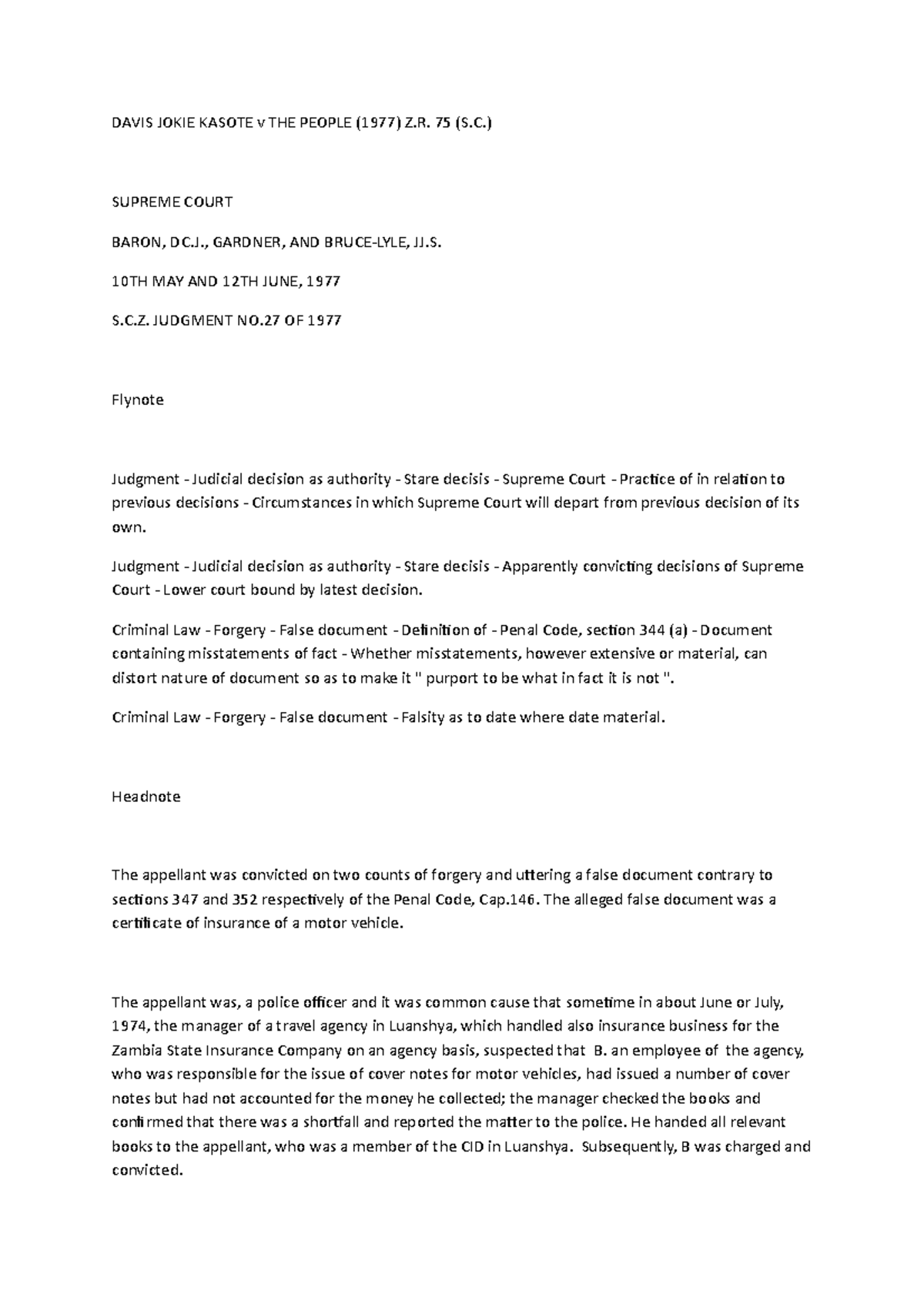 Kasote v. The People - llb - DAVIS JOKIE KASOTE v THE PEOPLE (1977) Z ...