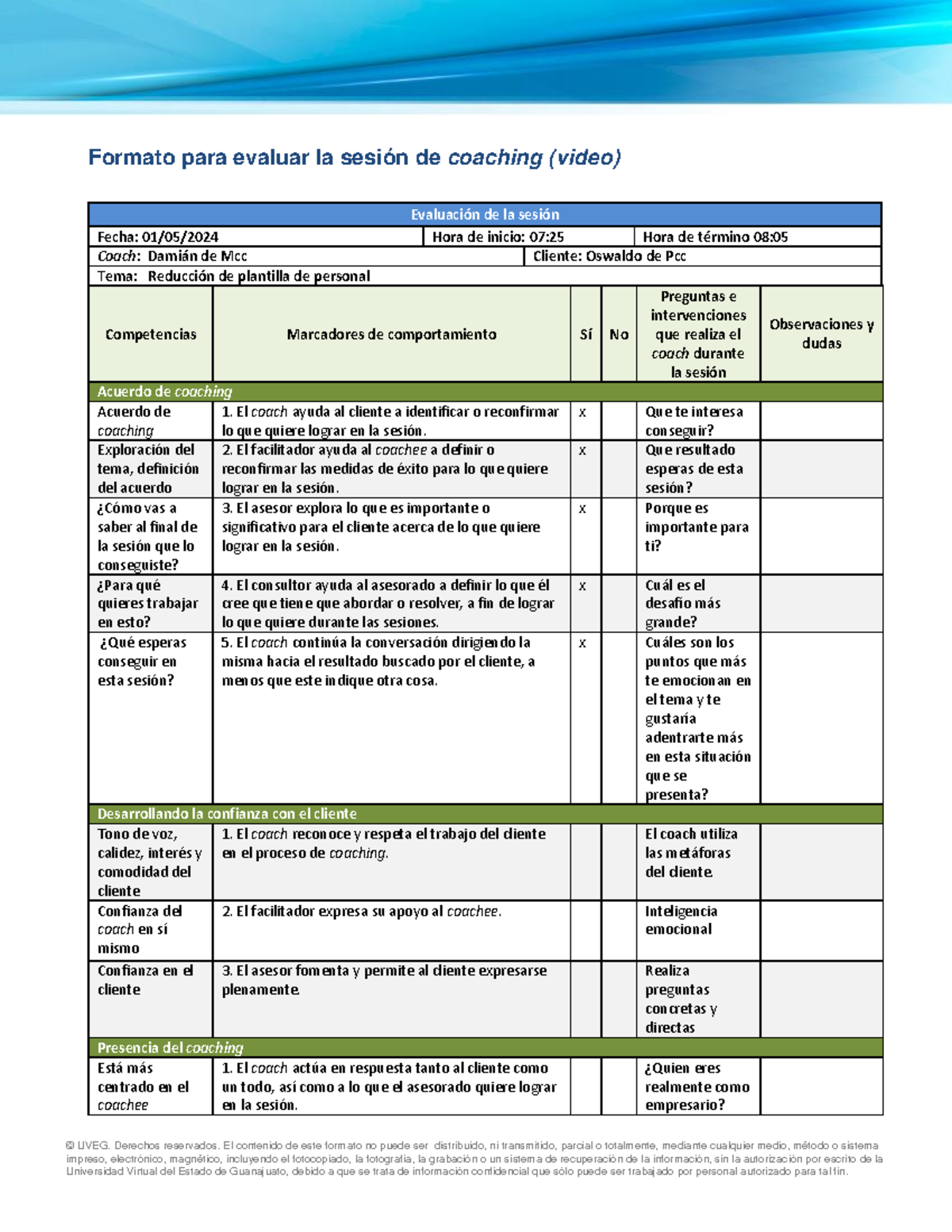 Formato para evaluar la sesion de coaching - © UVEG. Derechos ...