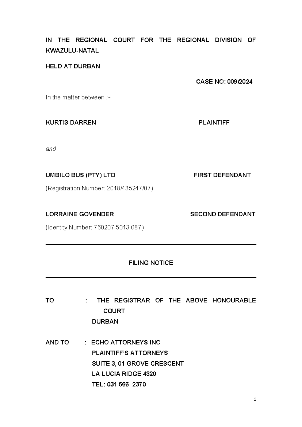 Filing Notice - Discovery Affidavit - Darren Umbilo BUS.14 - IN THE ...
