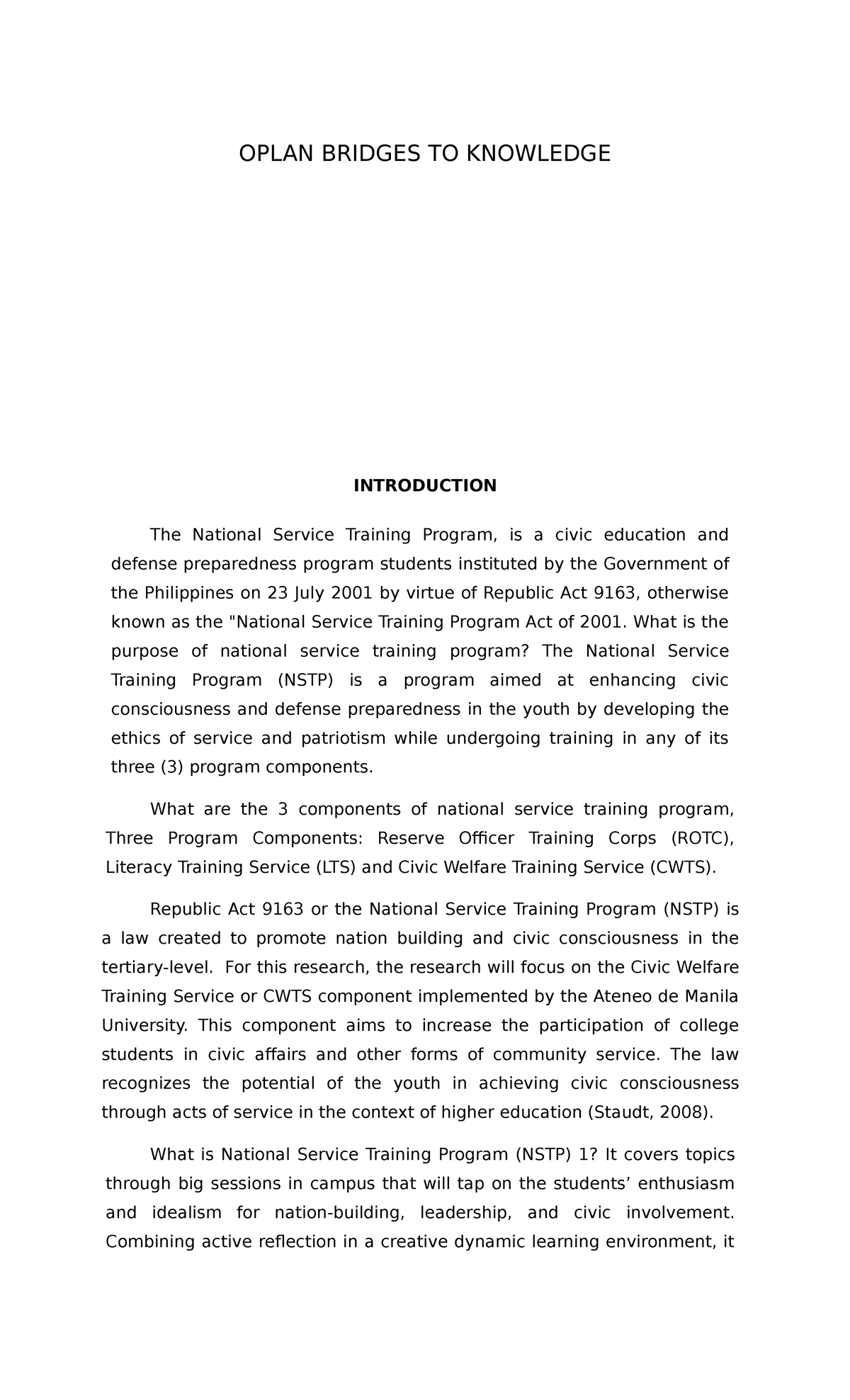 Oplan Bridges TO Knowledge - OPLAN BRIDGES TO KNOWLEDGE INTRODUCTION ...