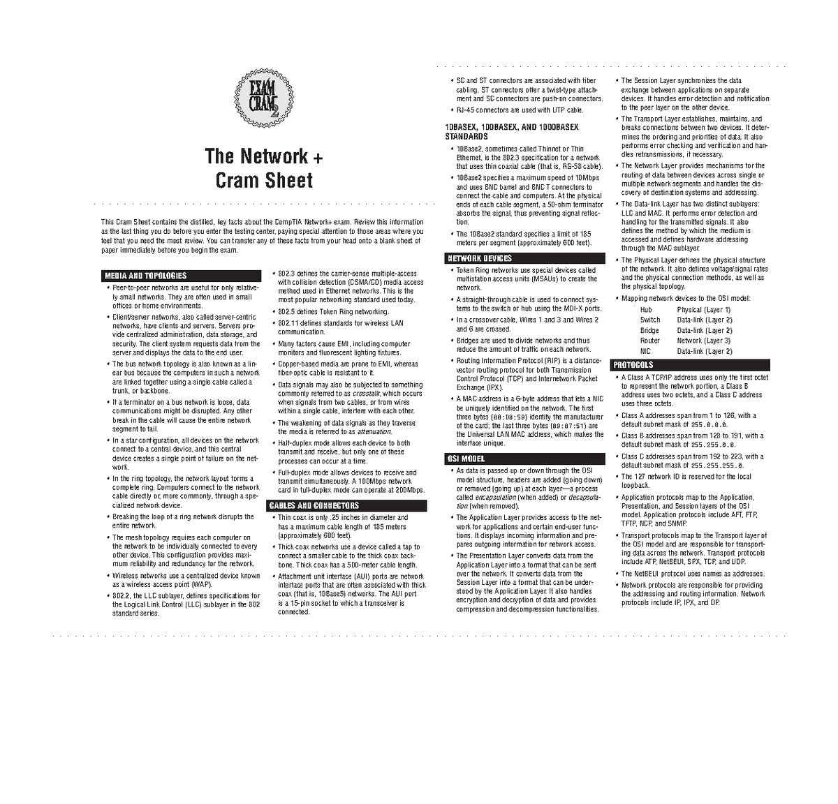 Network+ Cram Sheet - Goodluck everyone! - The Network + Cram Sheet ...