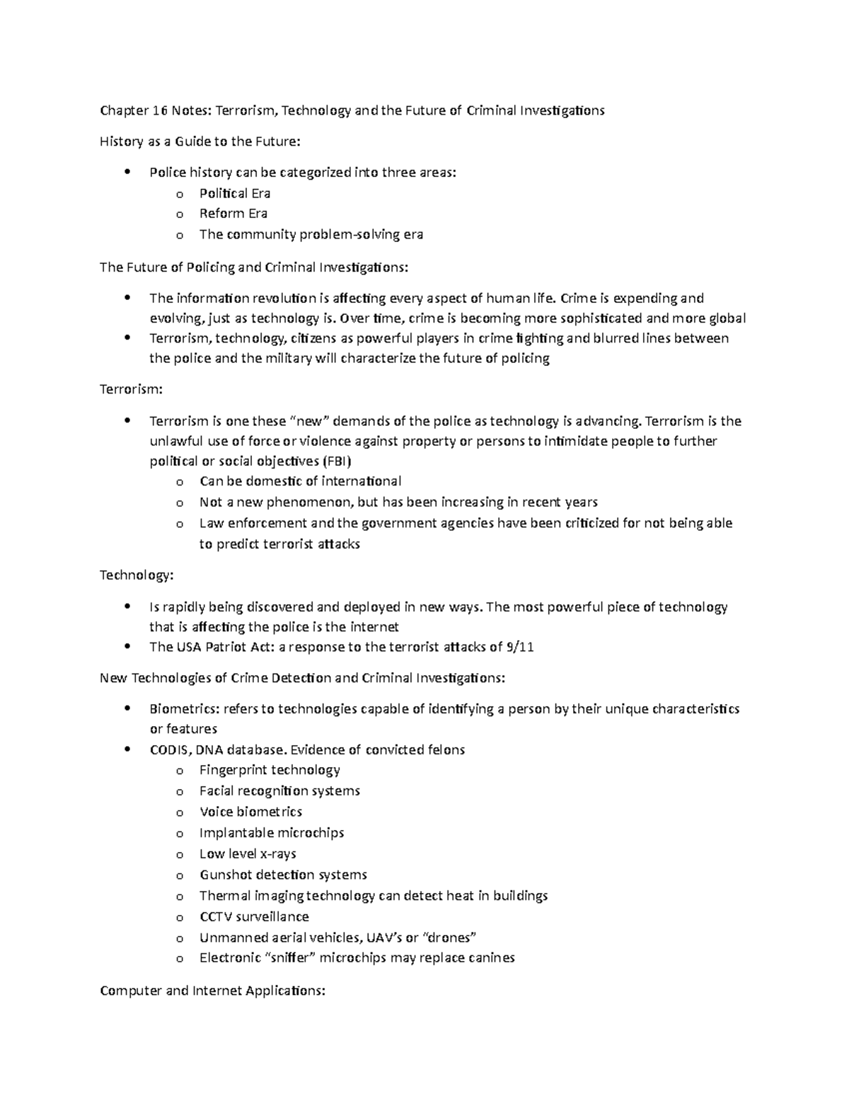Chapter 16 Notes - Chapter 16 Notes: Terrorism, Technology and the ...