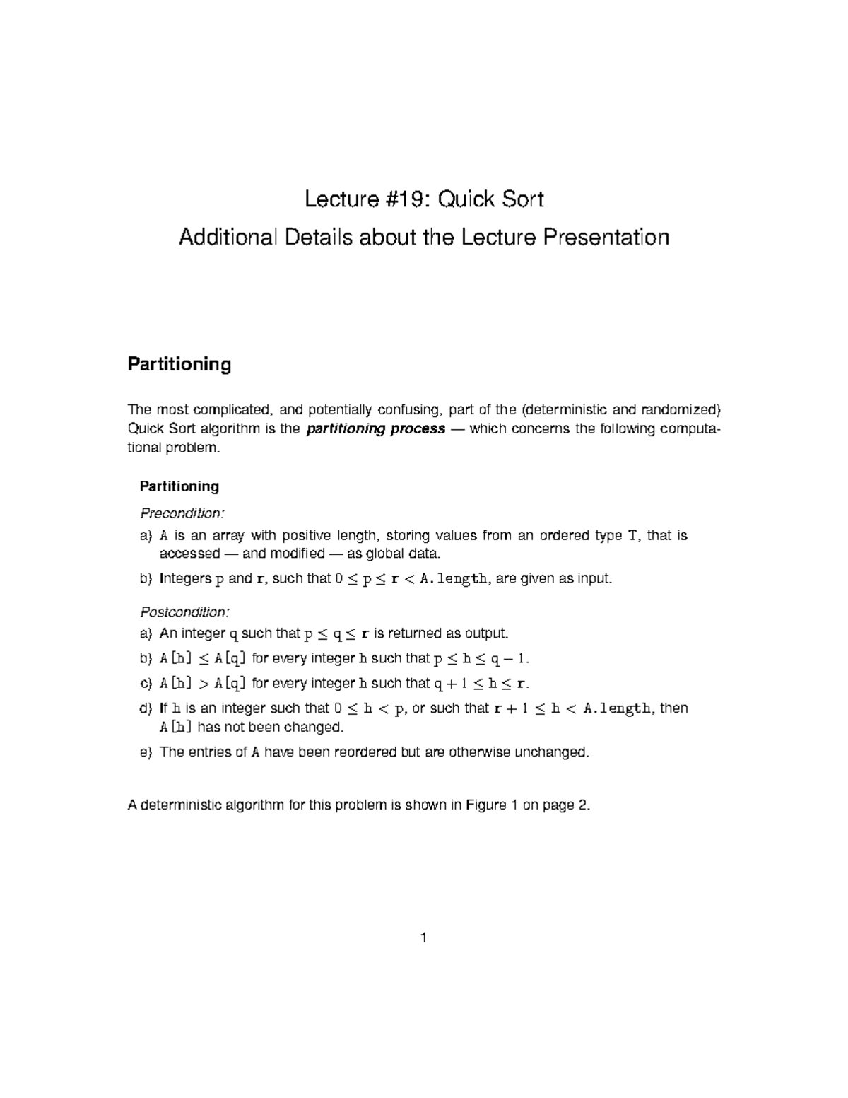 Quick Sort Lec 19 Lecture 19 Quick Sort Additional Details About