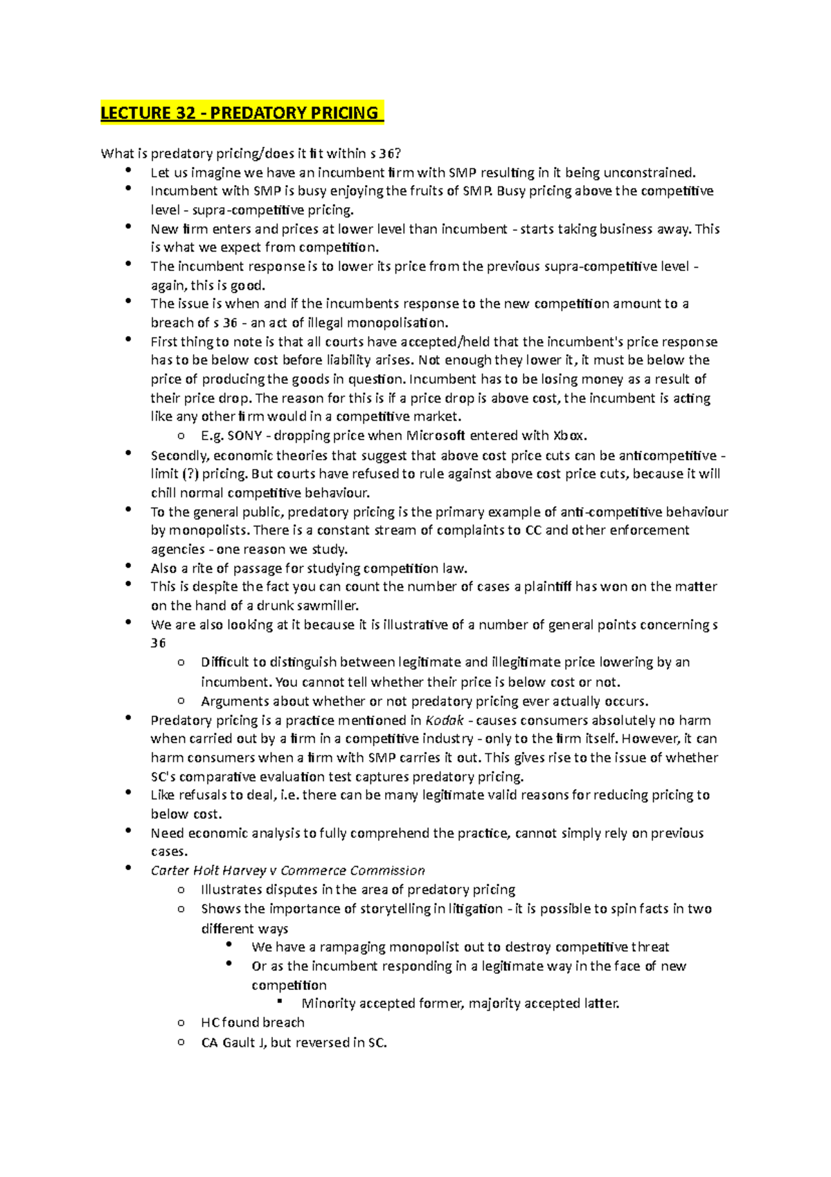 Competition lectures 32-35 - LECTURE 32 - PREDATORY PRICING What is ...