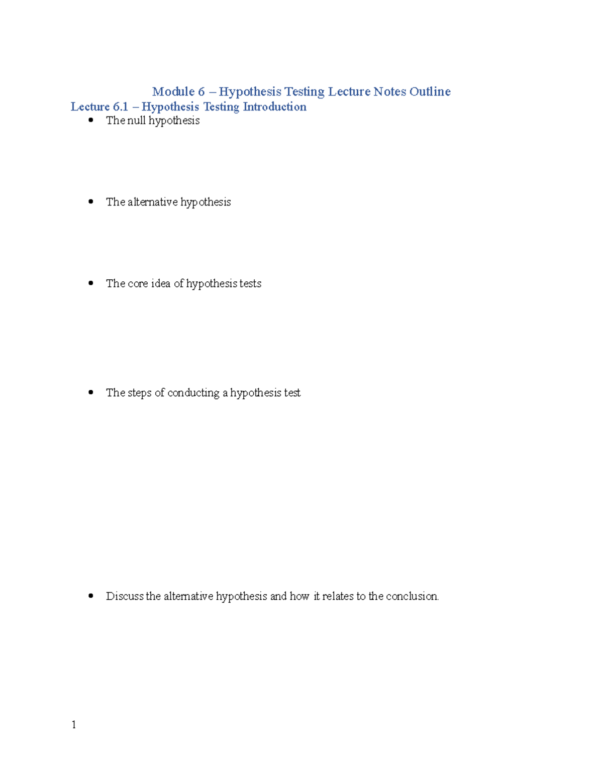 Module 6 Lecture Notes Outline Module 6 Hypothesis Testing Lecture Notes Outline Lecture 6