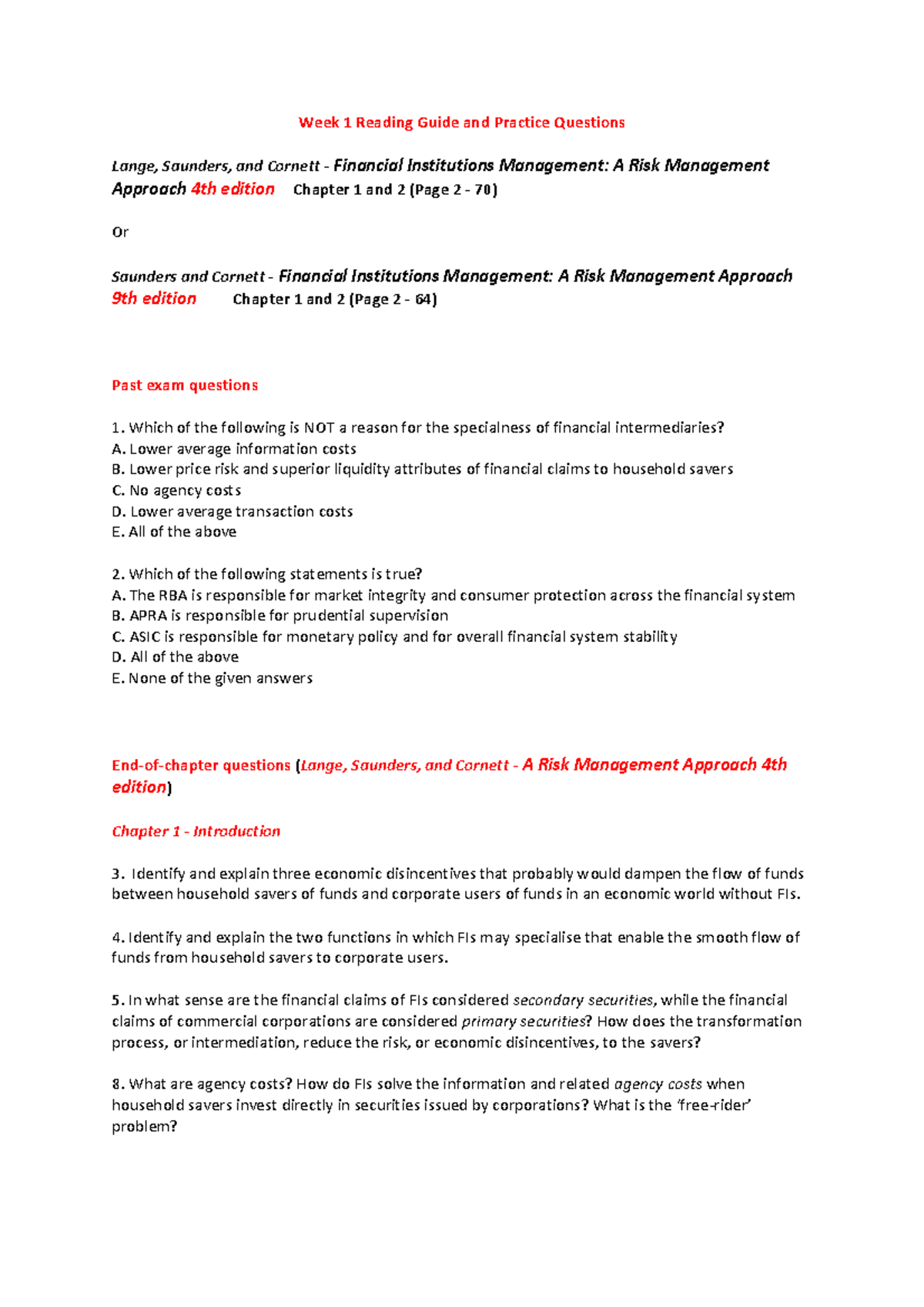 Week 1 Reading Guide and Tutorial Questions - Week 1 Reading Guide and Practice Questions Lange ...