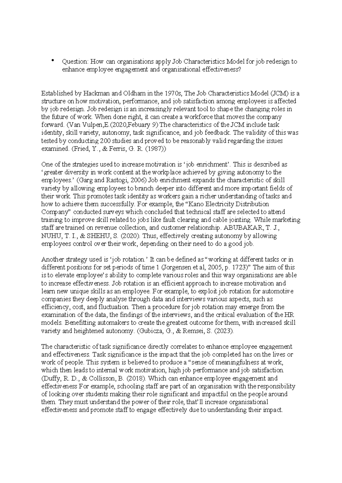 HR Essay 1 - Question: How can organisations apply Job Characteristics ...