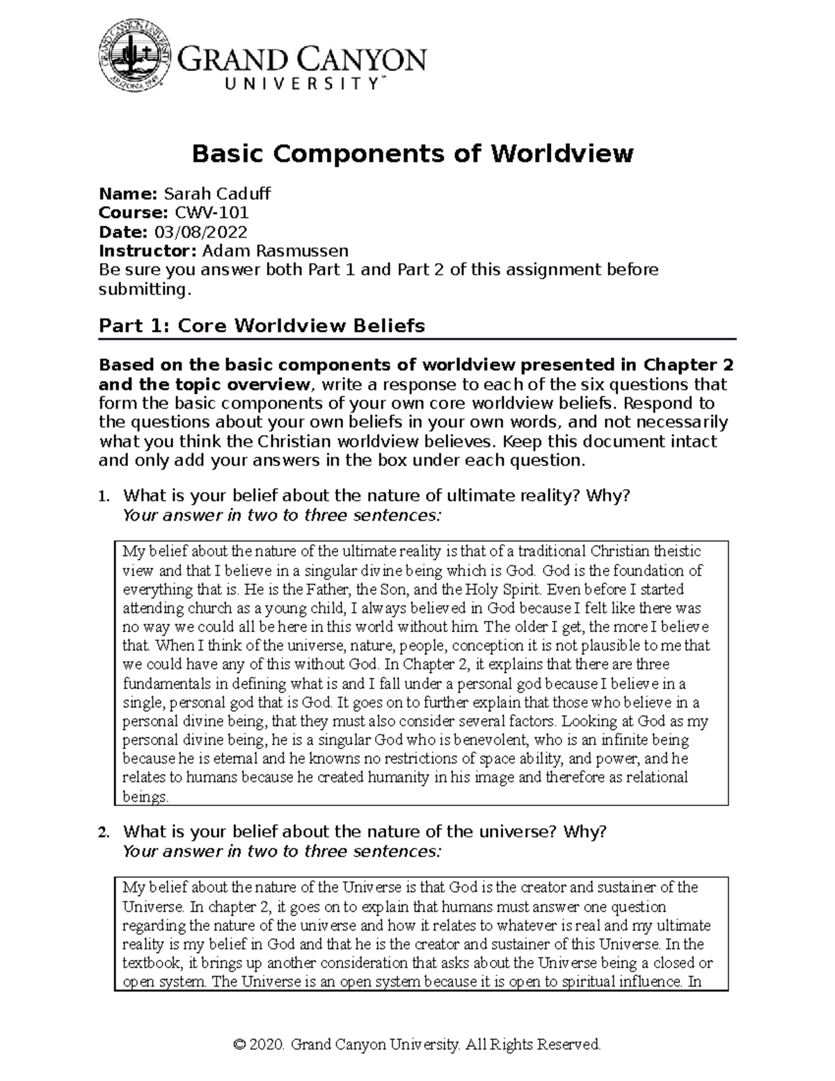 Basic Components of Worldview SC - Basic Components of Worldview Name ...